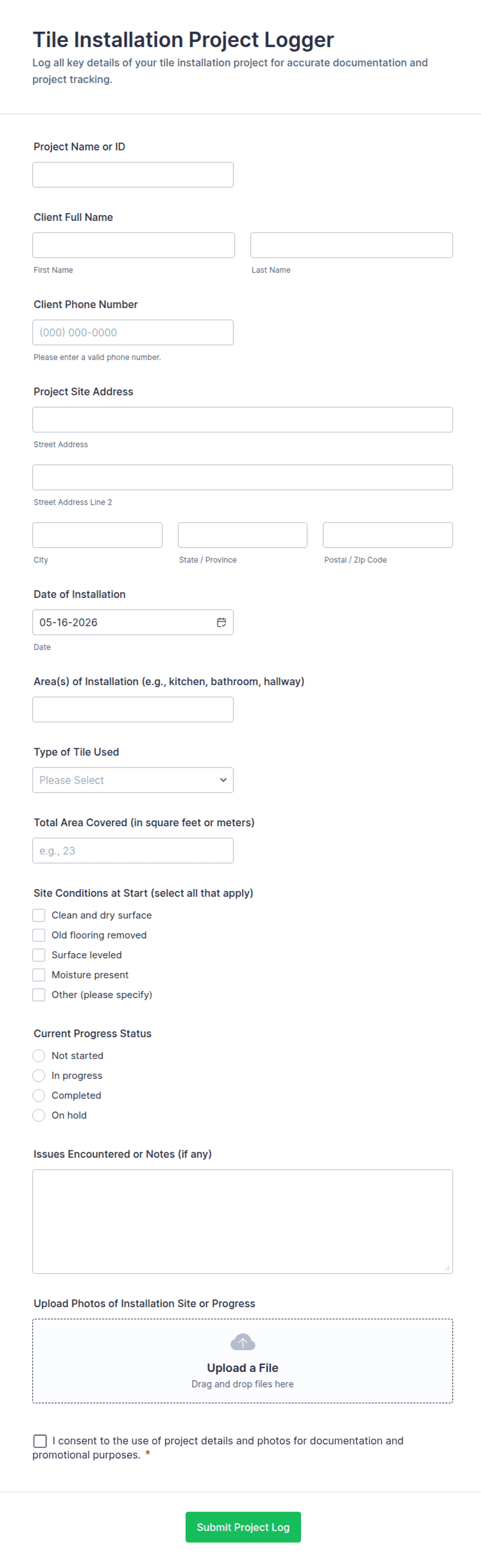Tile Installation Project Logger Form Template | Jotform