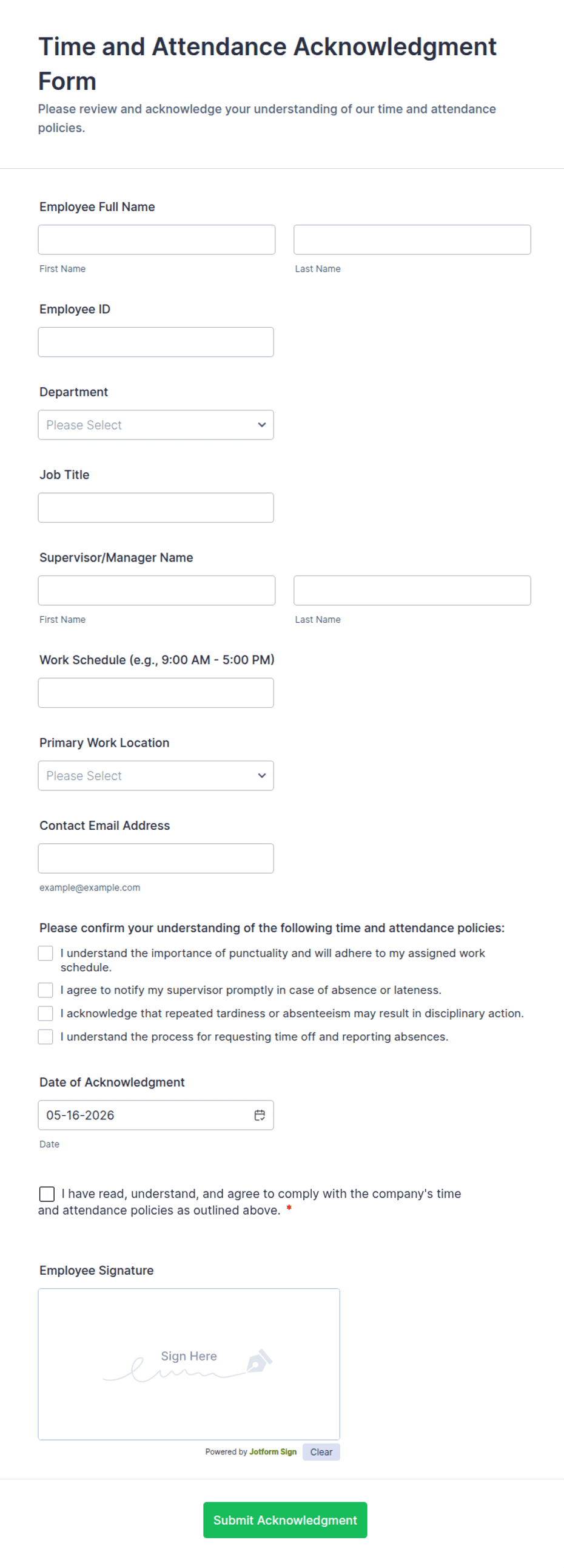 Time and Attendance Acknowledgment Form Template | Jotform