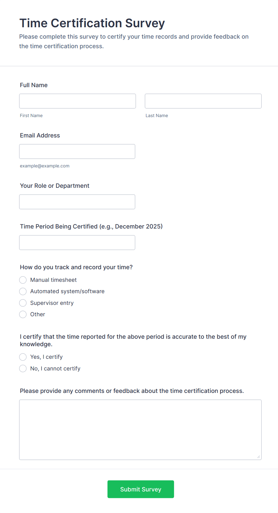 Time Certification Survey Form Template | Jotform
