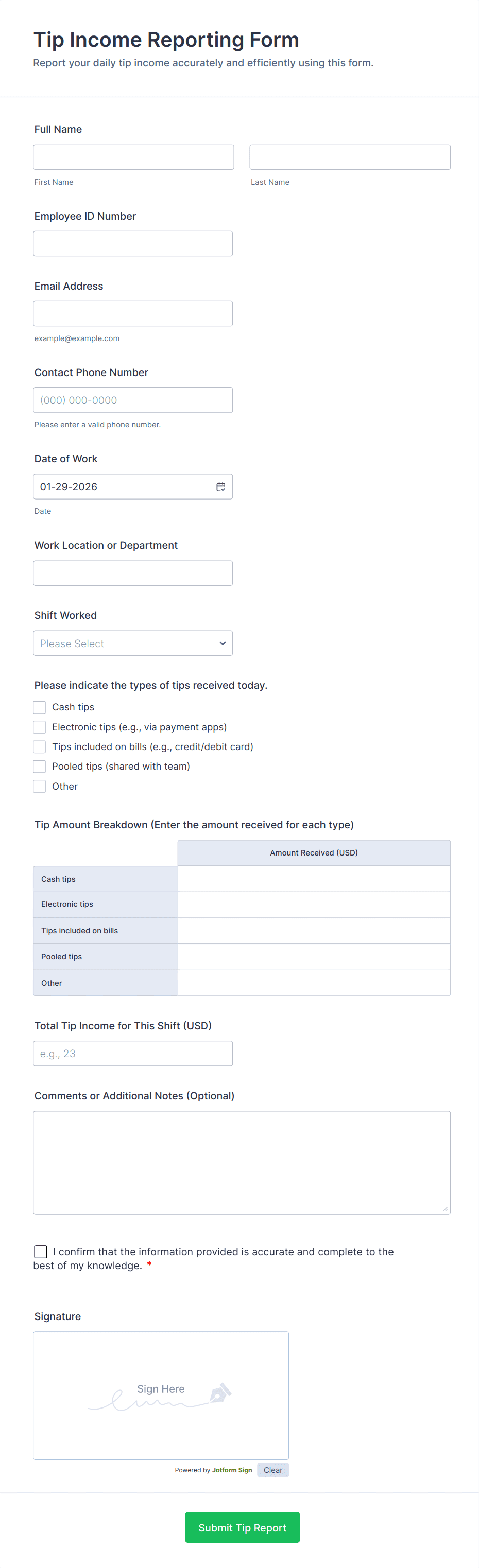 Tip Income Reporting Form Template | Jotform