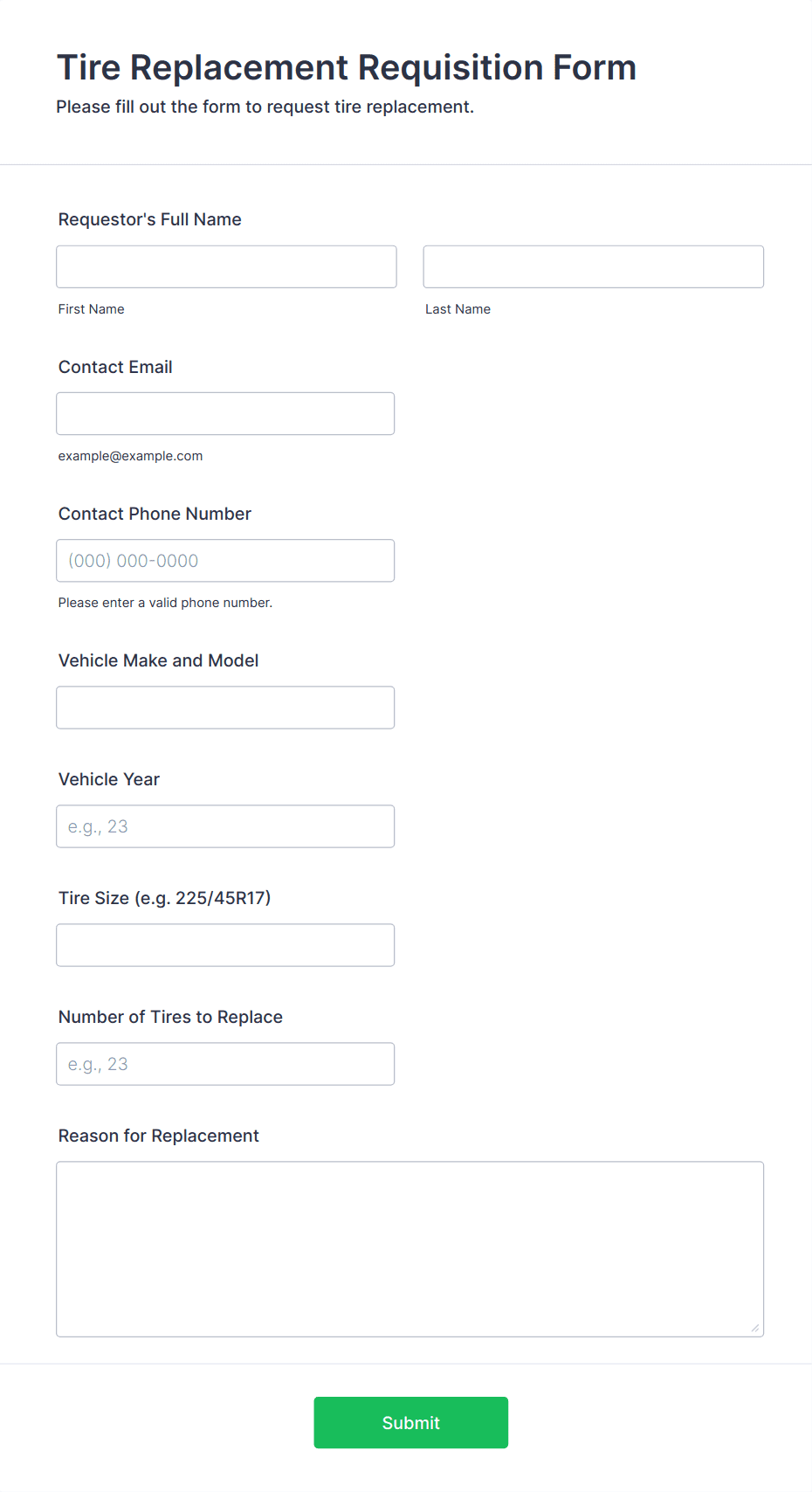 Tire Replacement Requisition Form Template | Jotform