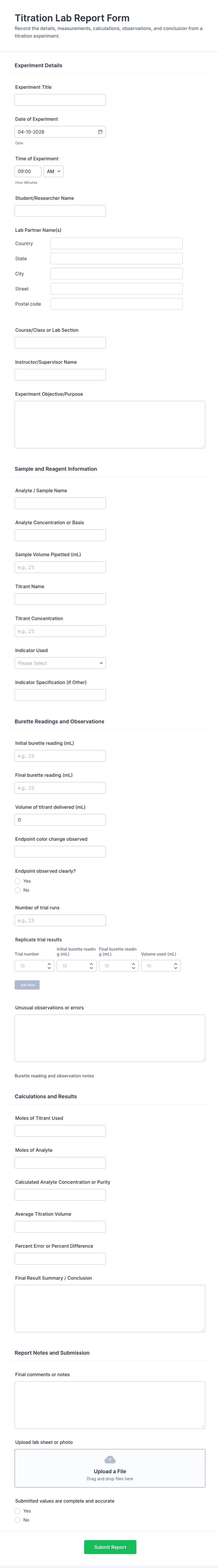 Titration Lab Report Form Template | Jotform