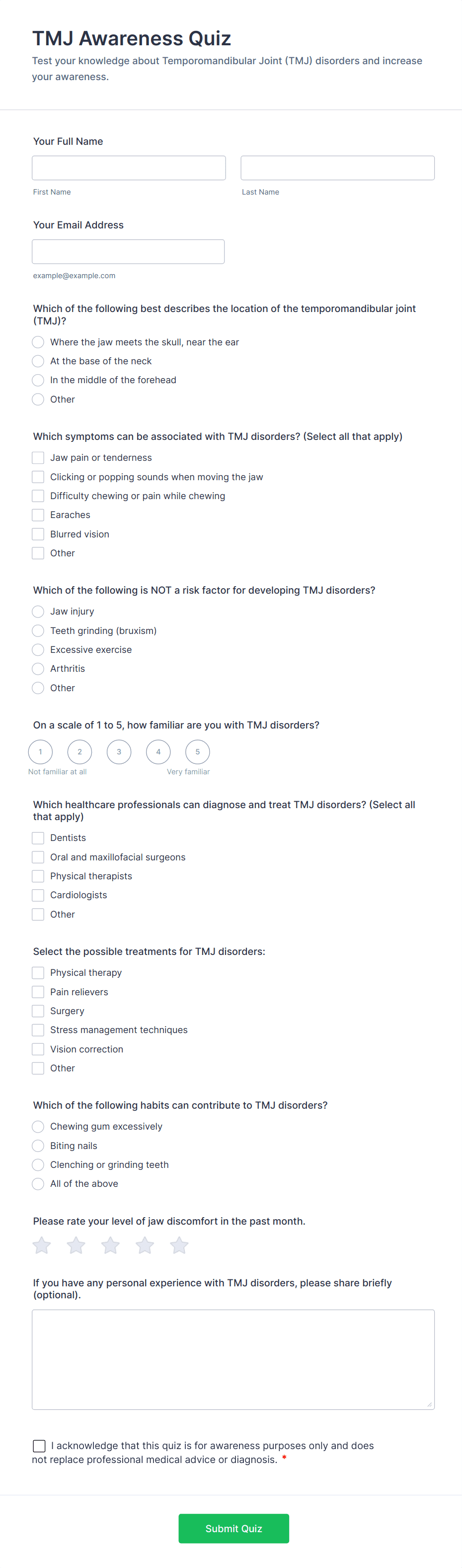 TMJ Awareness Quiz Form Template | Jotform
