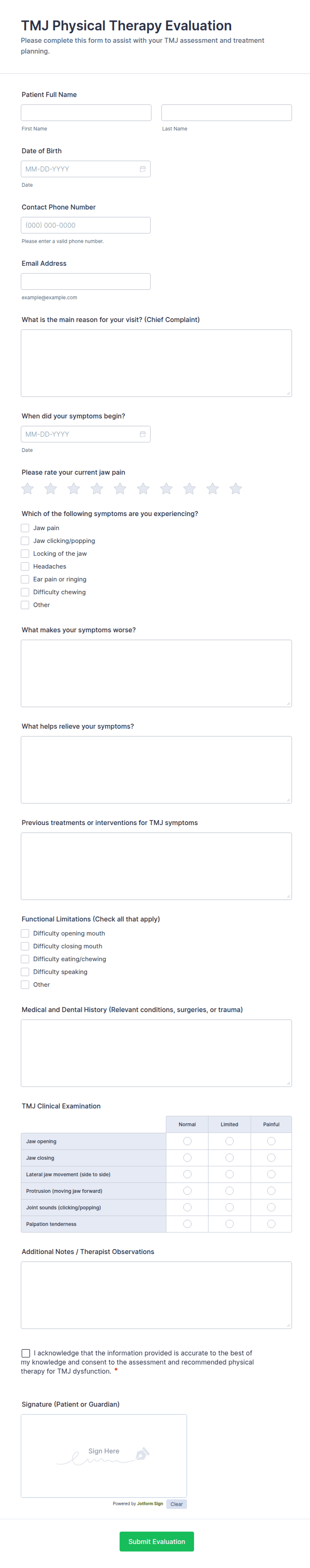 TMJ Physical Therapy Evaluation Form Template | Jotform