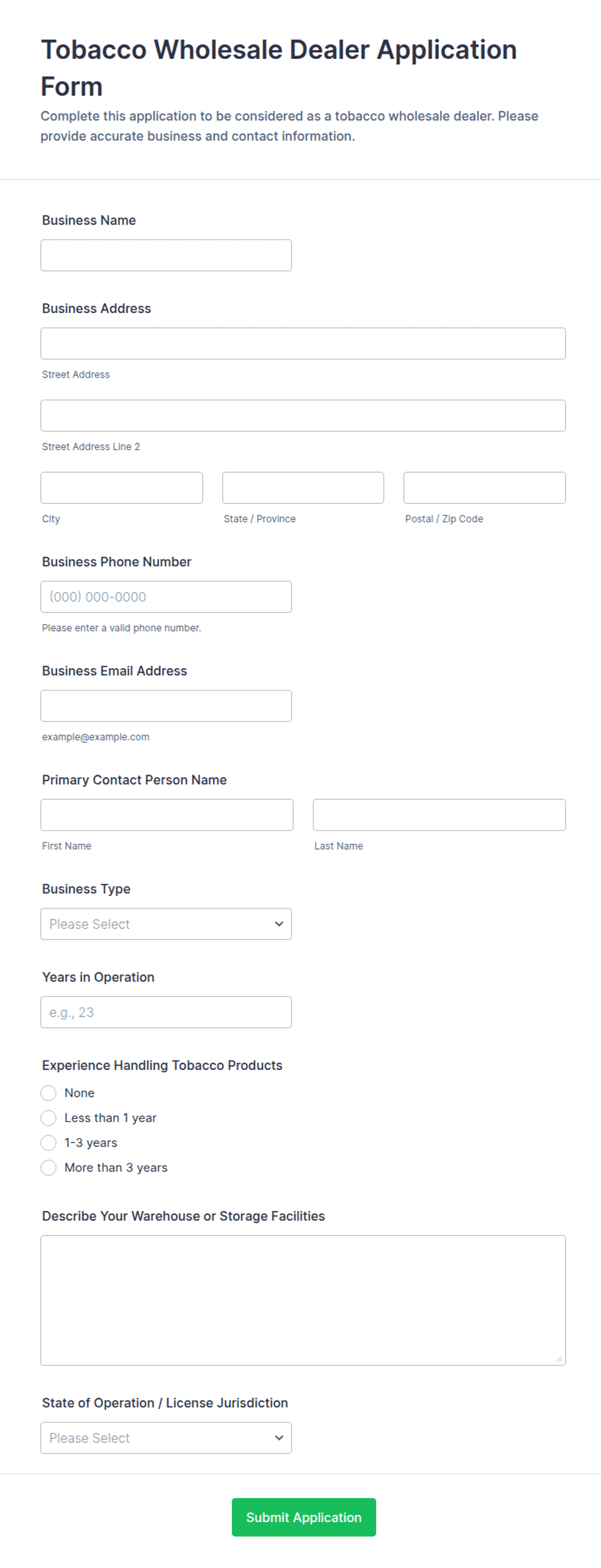 Tobacco Wholesale Dealer Application Form Template | Jotform