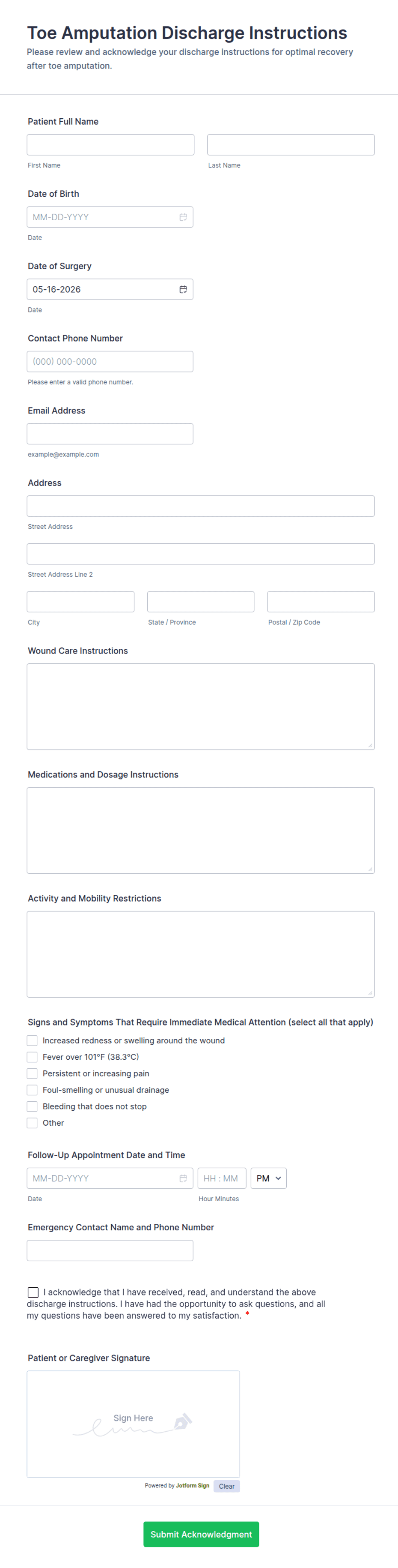 Toe Amputation Discharge Instructions Form Template | Jotform