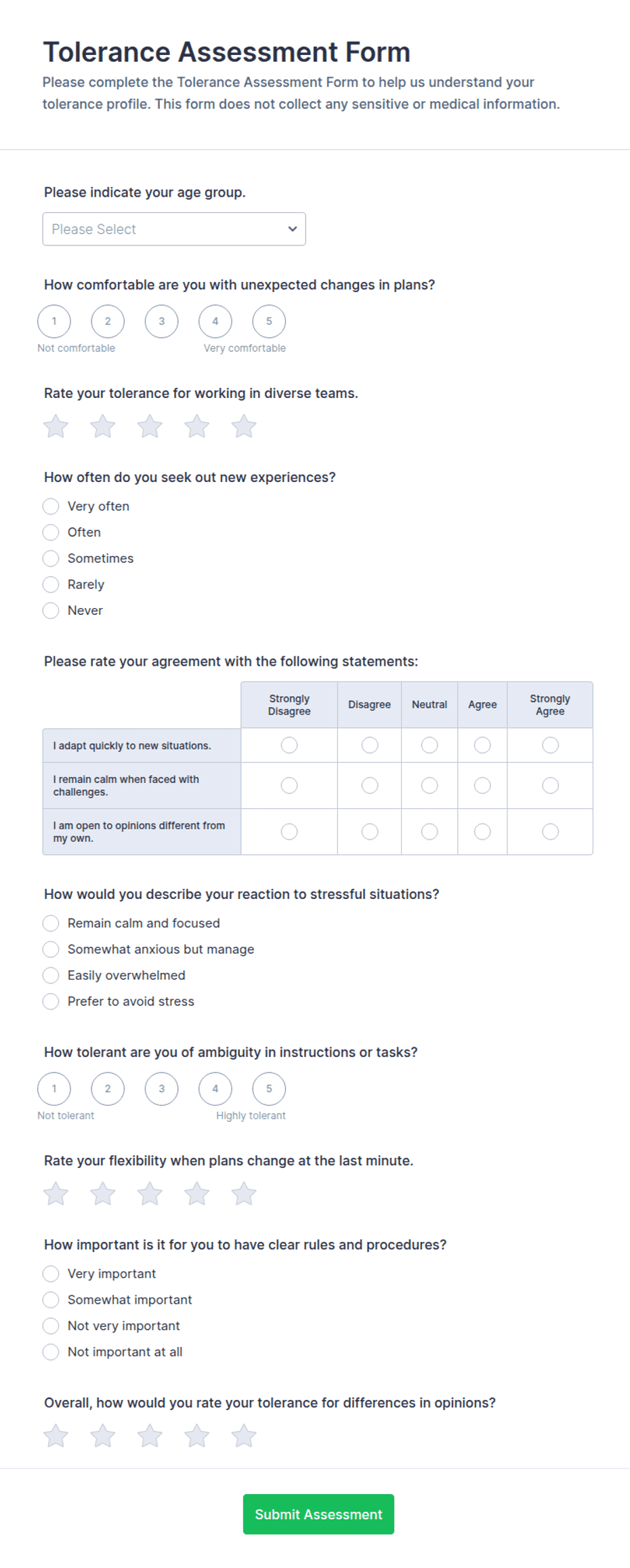 Tolerance Assessment Form Template | Jotform