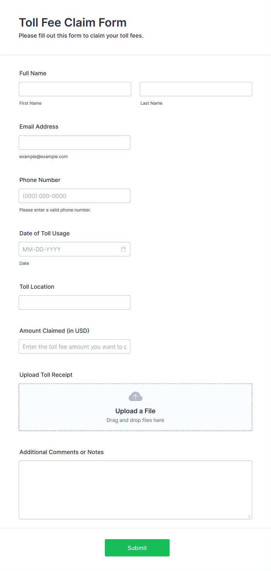 Toll Fee Claim Form Template | Jotform