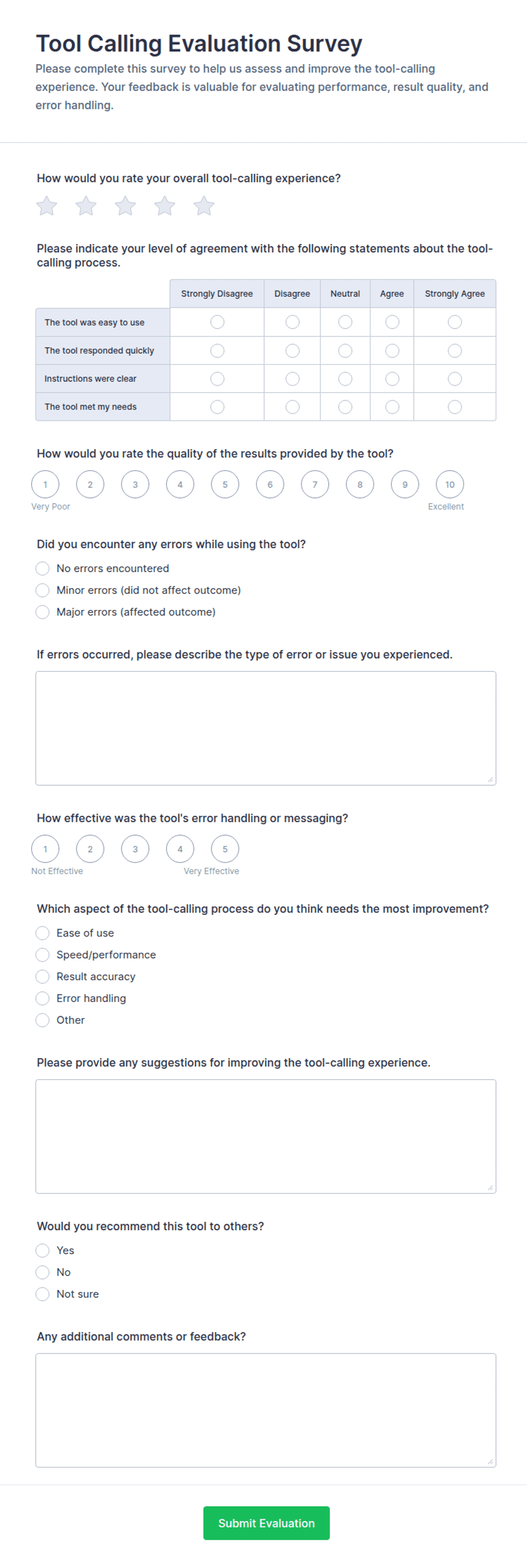 Tool Calling Evaluation Survey Form Template | Jotform