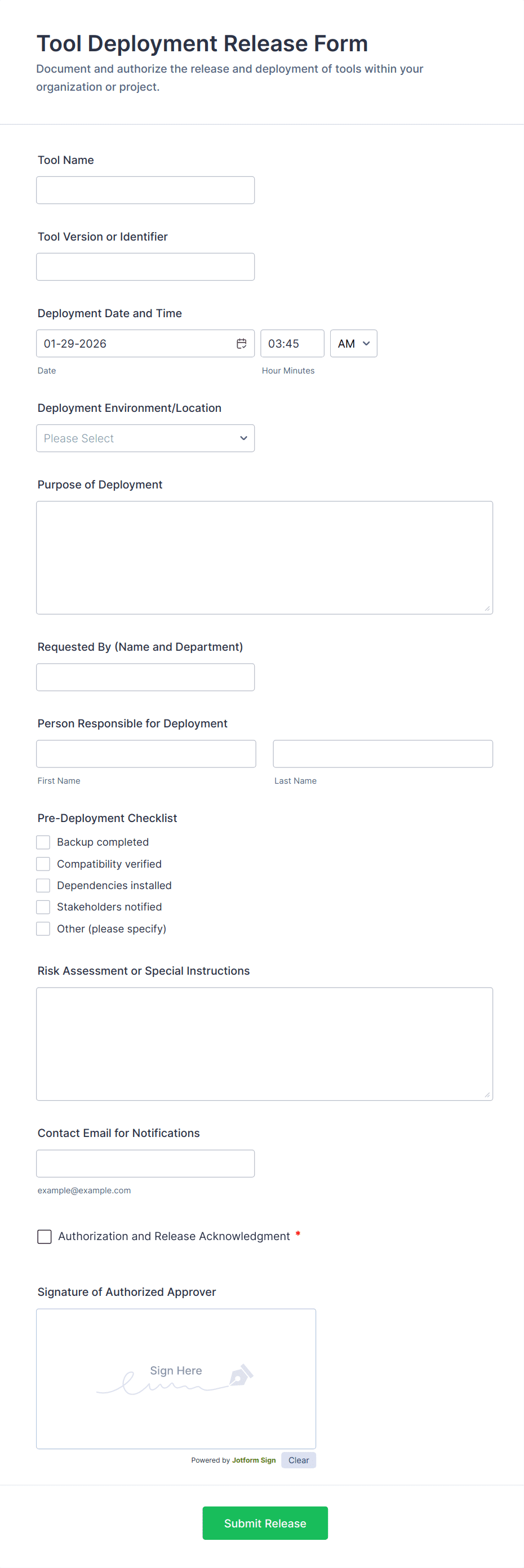 Tool Deployment Release Form Template | Jotform