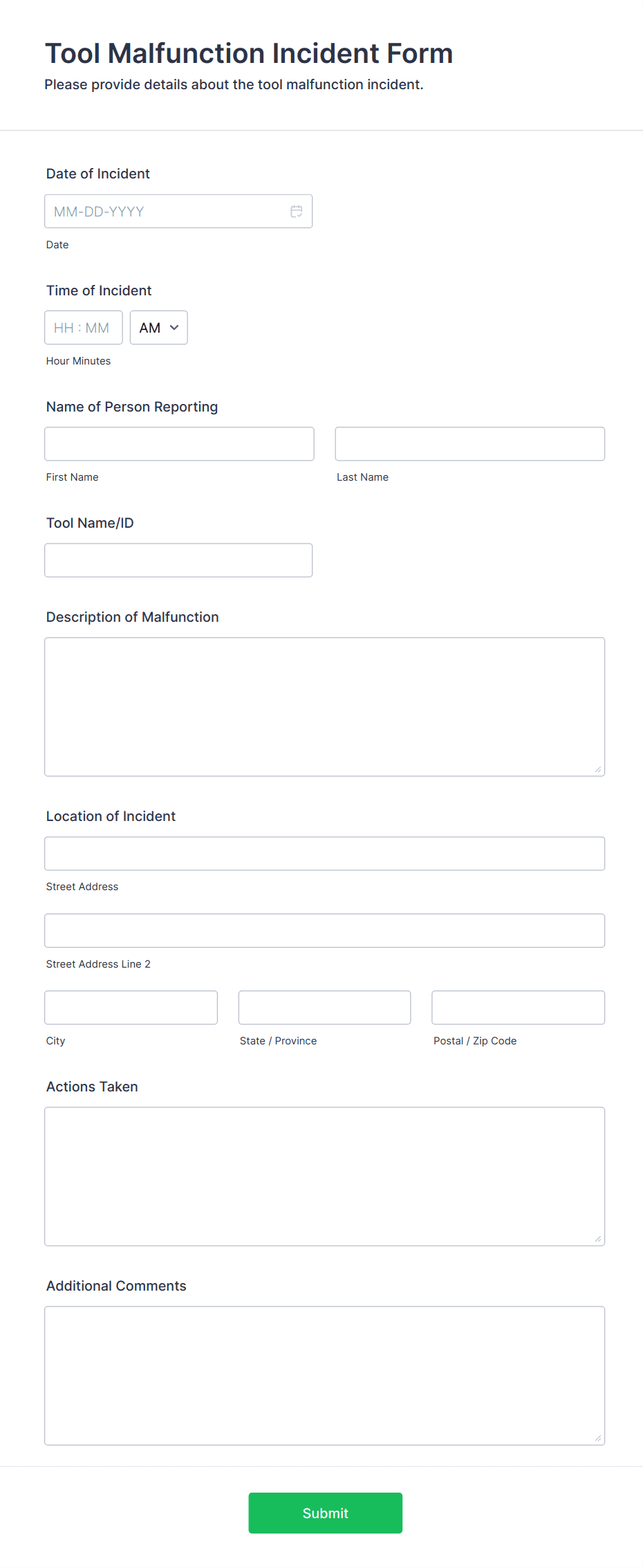 Tool Malfunction Incident Form Template | Jotform