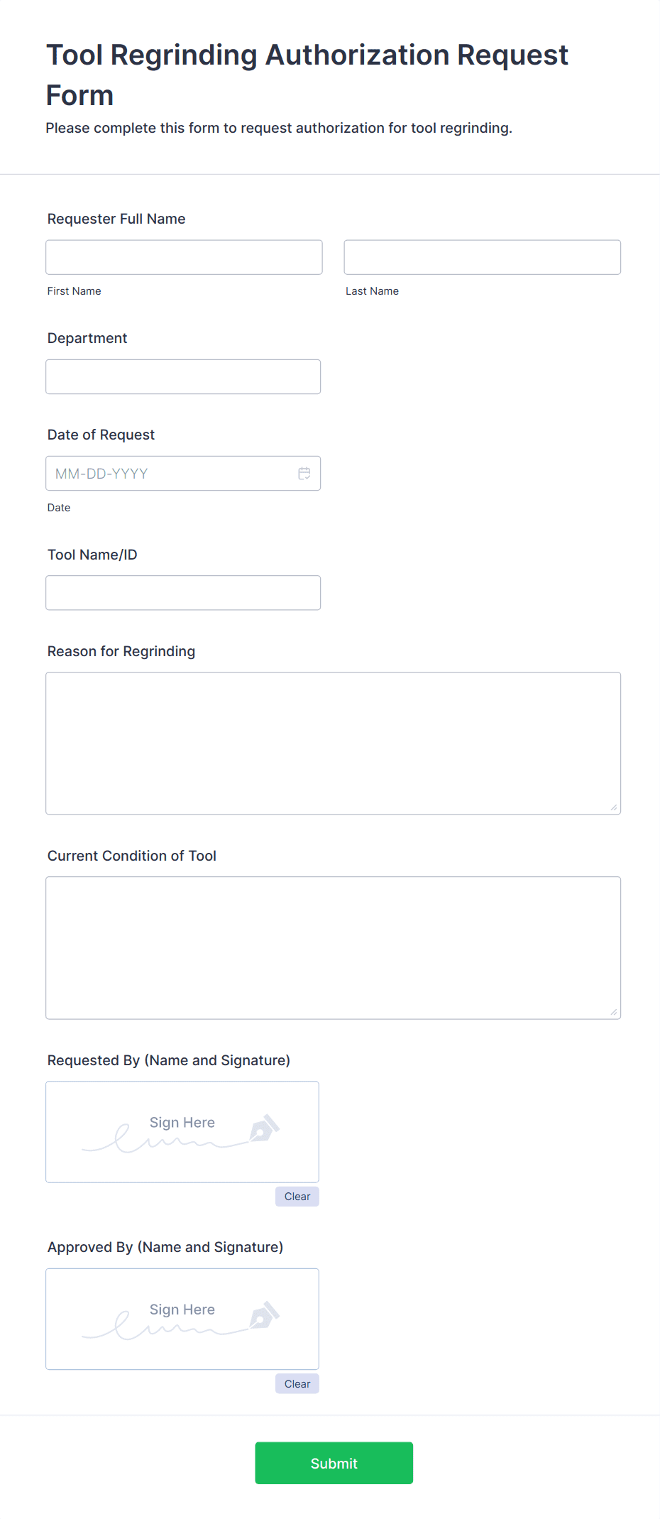 Tool Regrinding Authorization Request Form Template | Jotform