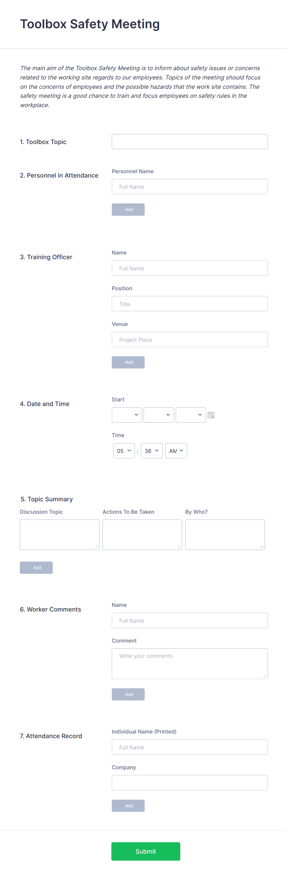Toolbox Safety Meeting Form Template | Jotform