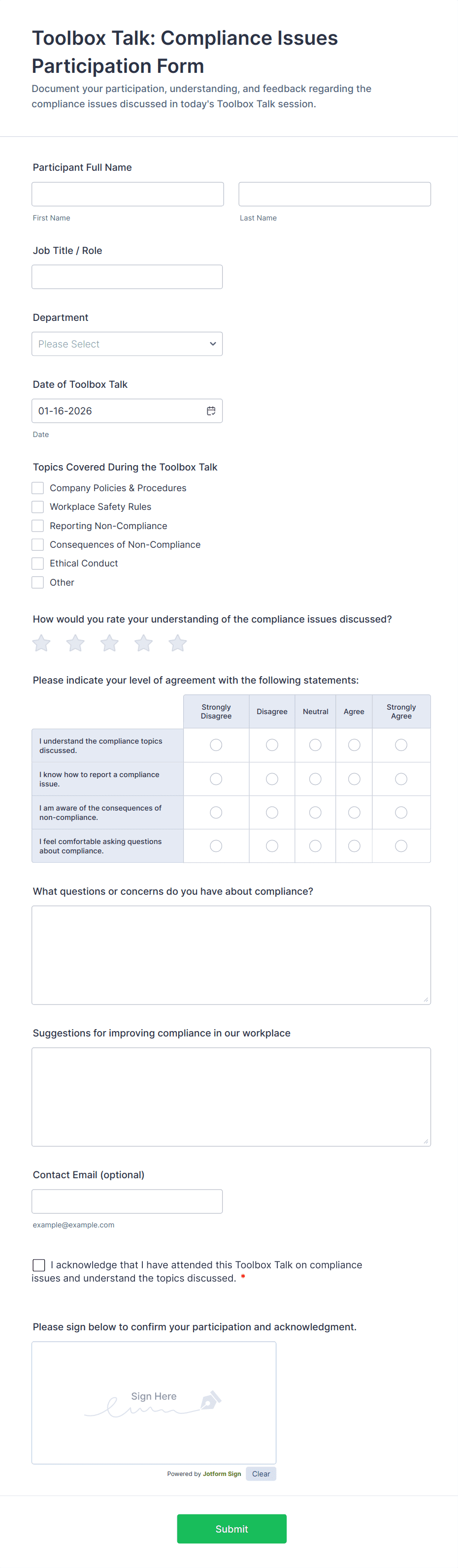 Toolbox Talk: Compliance Issues Participation Form Template | Jotform