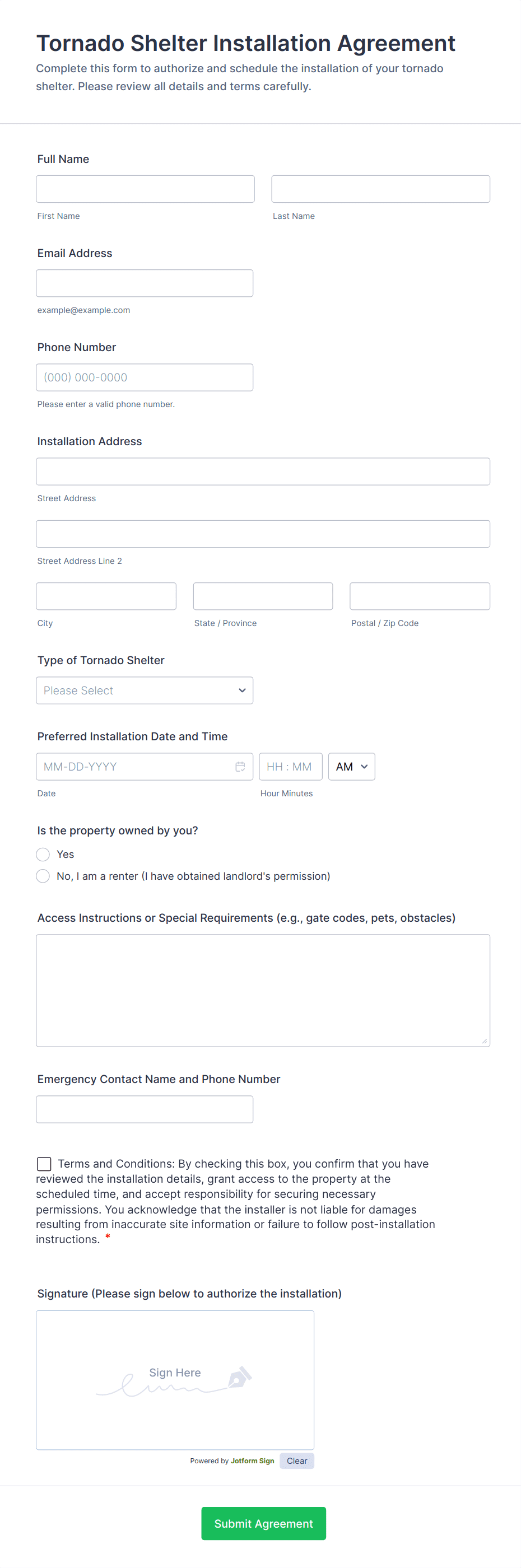 Tornado Shelter Installation Agreement Form Template | Jotform