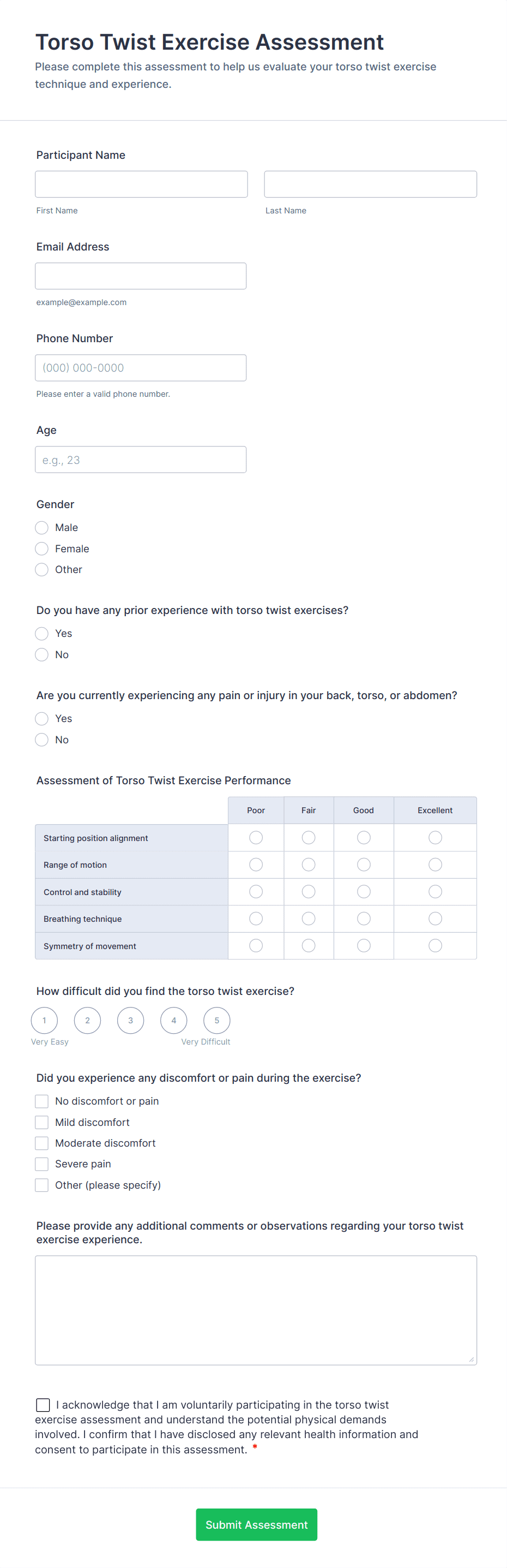 Torso Twist Exercise Assessment Form Template | Jotform