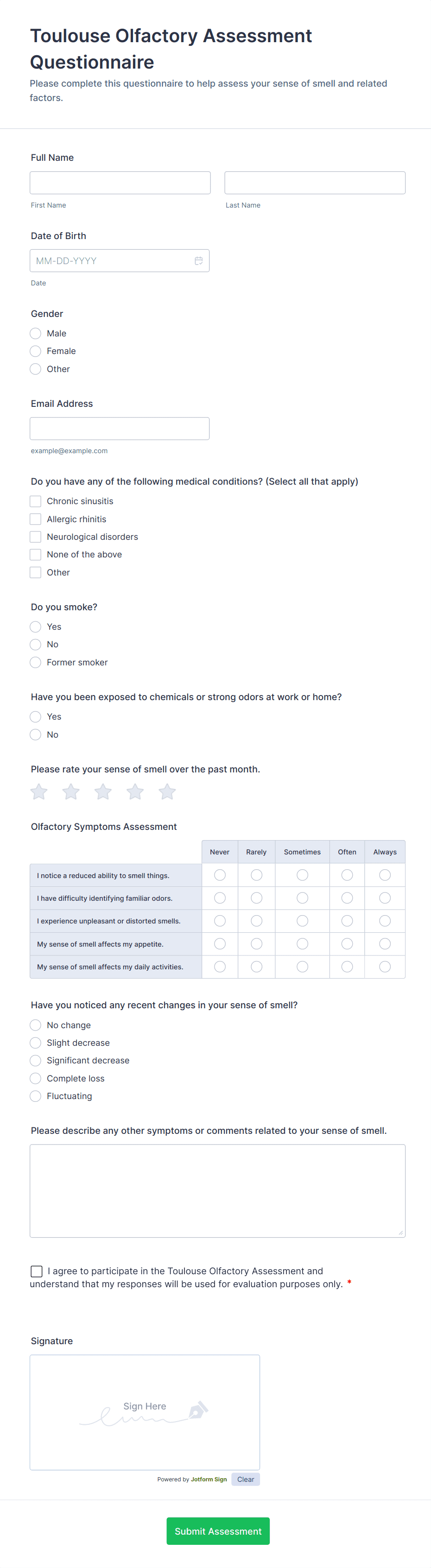 Toulouse Olfactory Assessment Questionnaire Form Template | Jotform