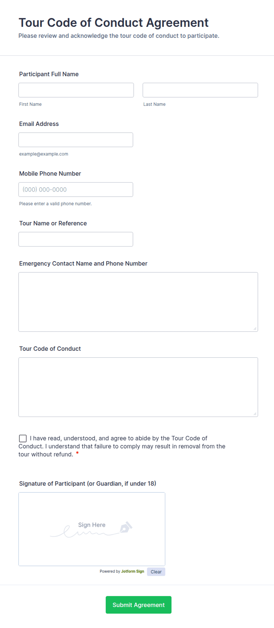Tour Code of Conduct Agreement Form Template | Jotform