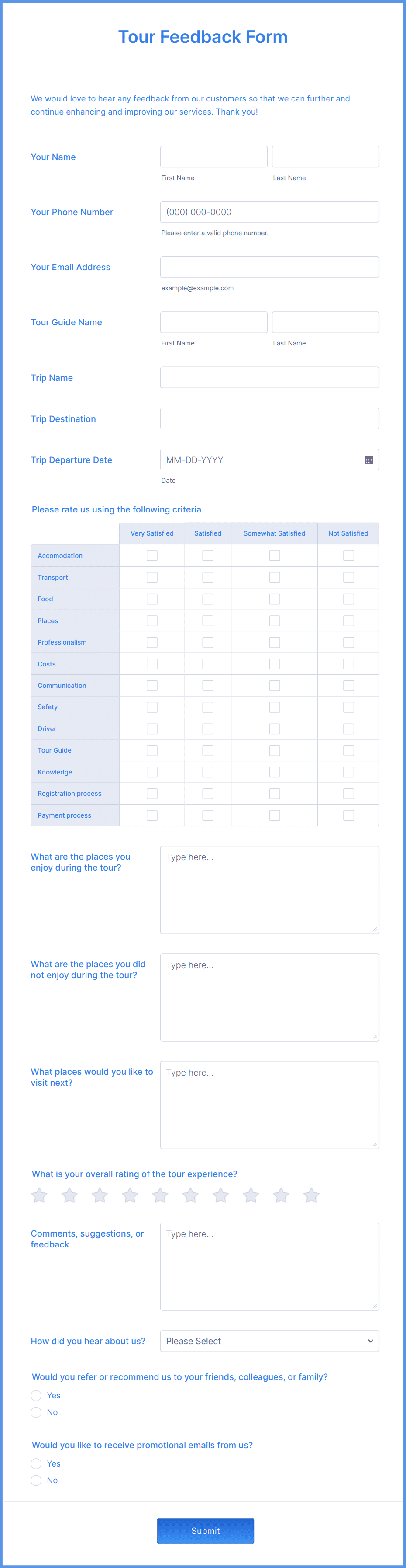 Tour Feedback Form Template | Jotform