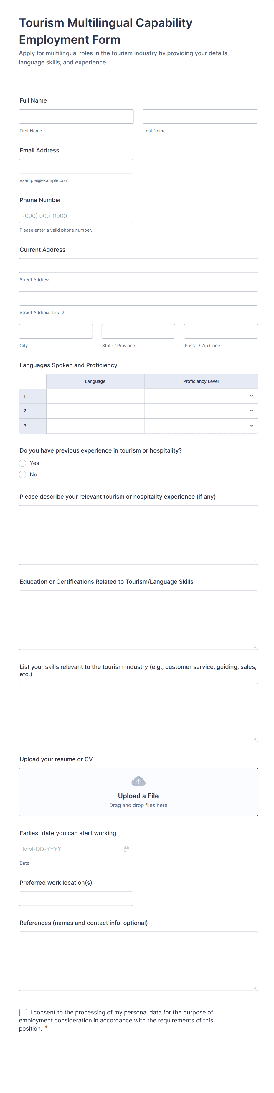 Tourism Multilingual Capability Employment Form Template | Jotform