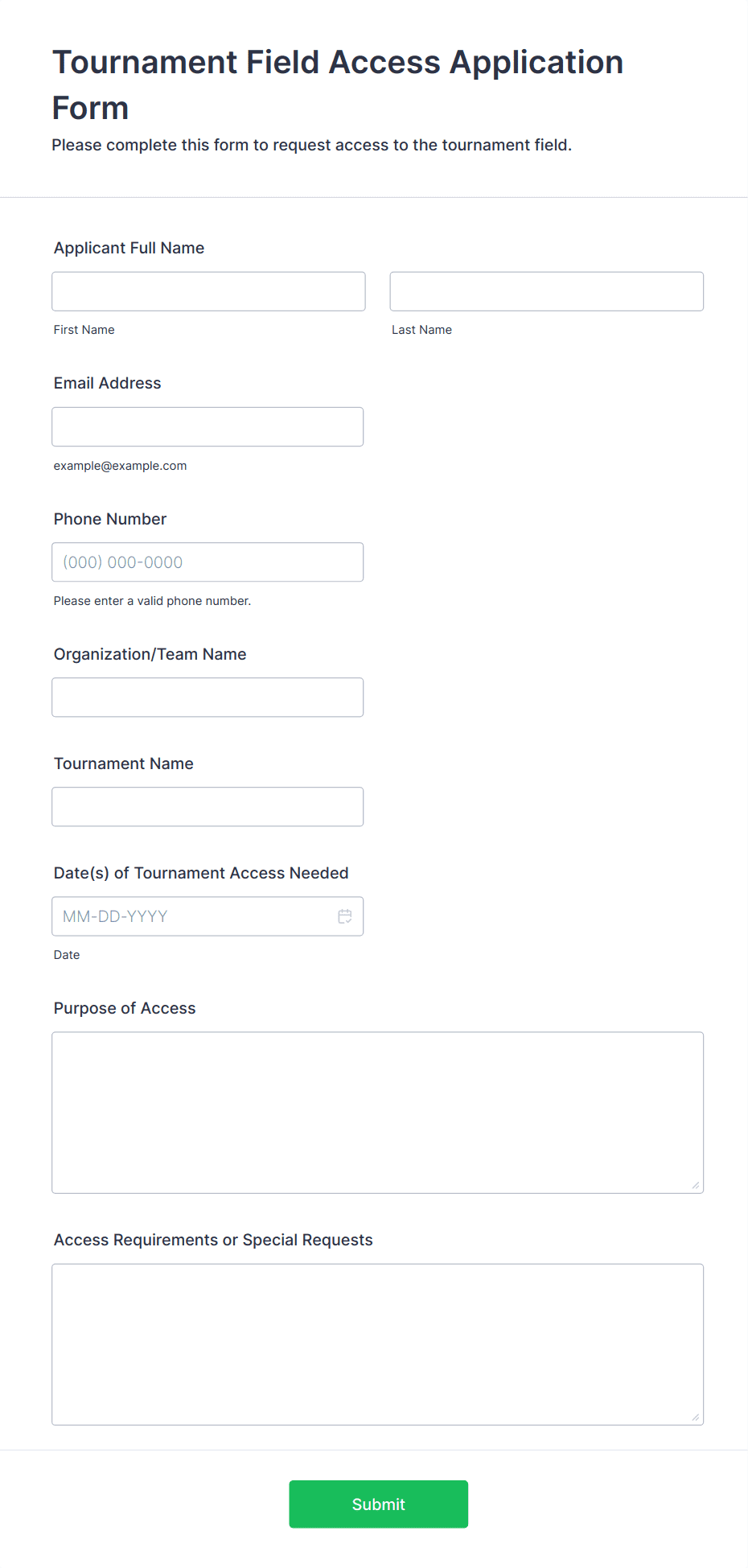 Tournament Field Access Application Form Template | Jotform