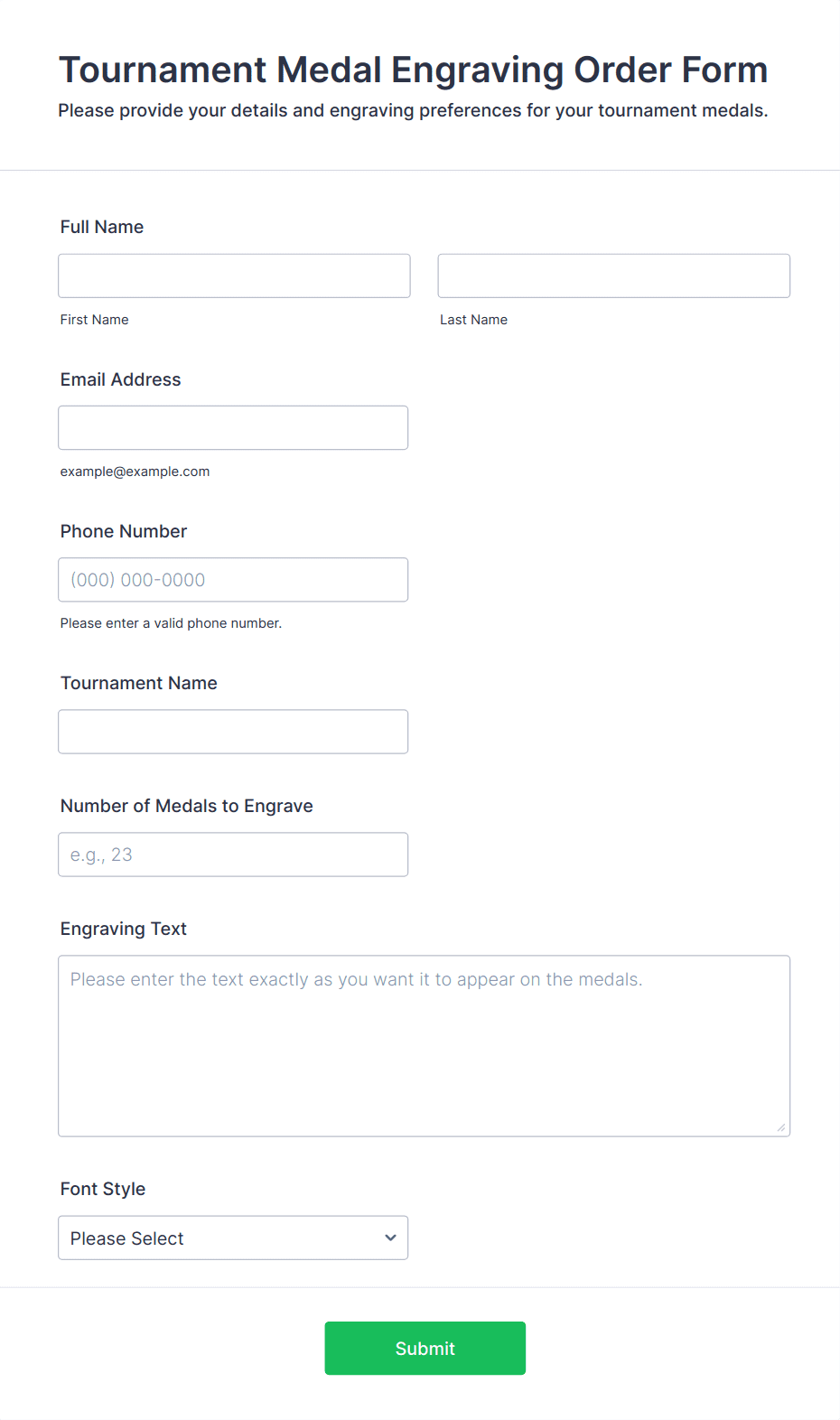 Tournament Medal Engraving Order Form Template | Jotform