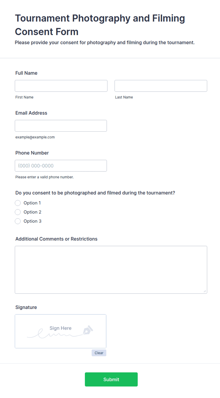 Tournament Photography and Filming Consent Form Template | Jotform