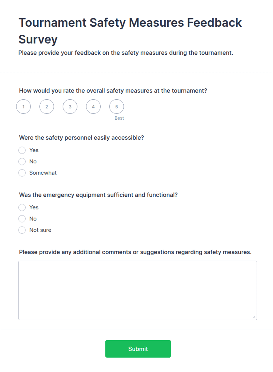 Tournament Safety Measures Feedback Survey Form Template | Jotform