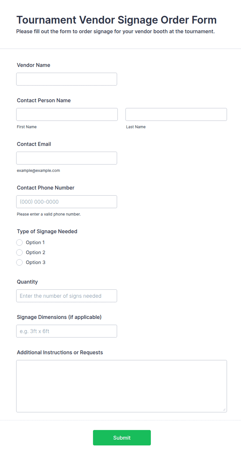 Tournament Vendor Signage Order Form Template | Jotform