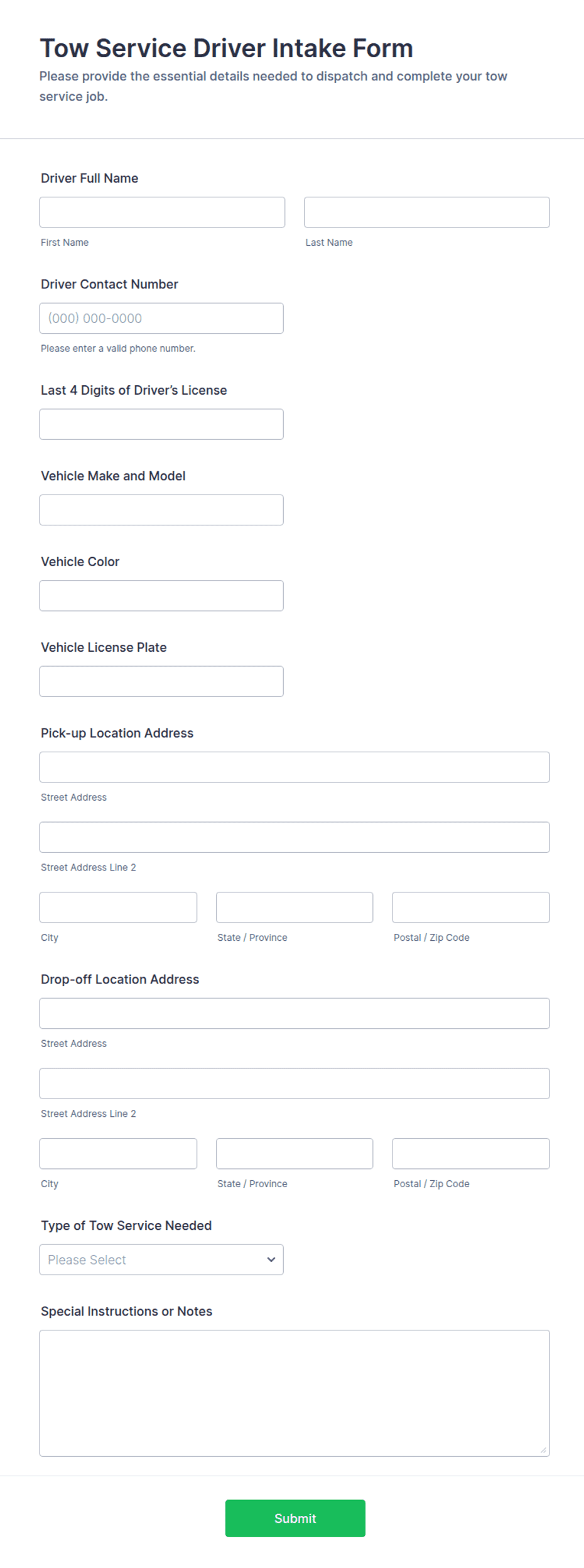 Tow Service Driver Intake Form Template | Jotform