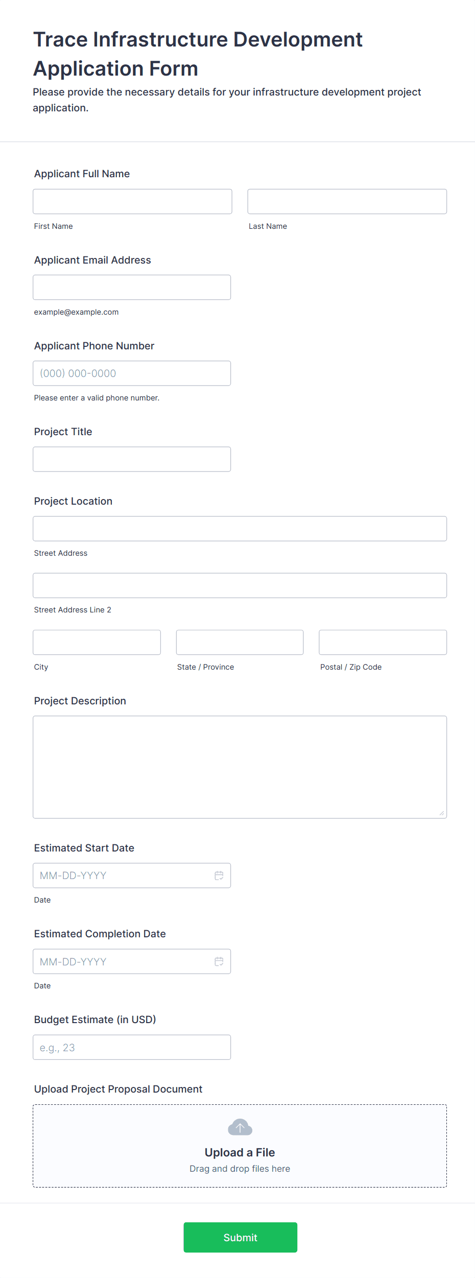 Trace Infrastructure Development Application Form Template | Jotform