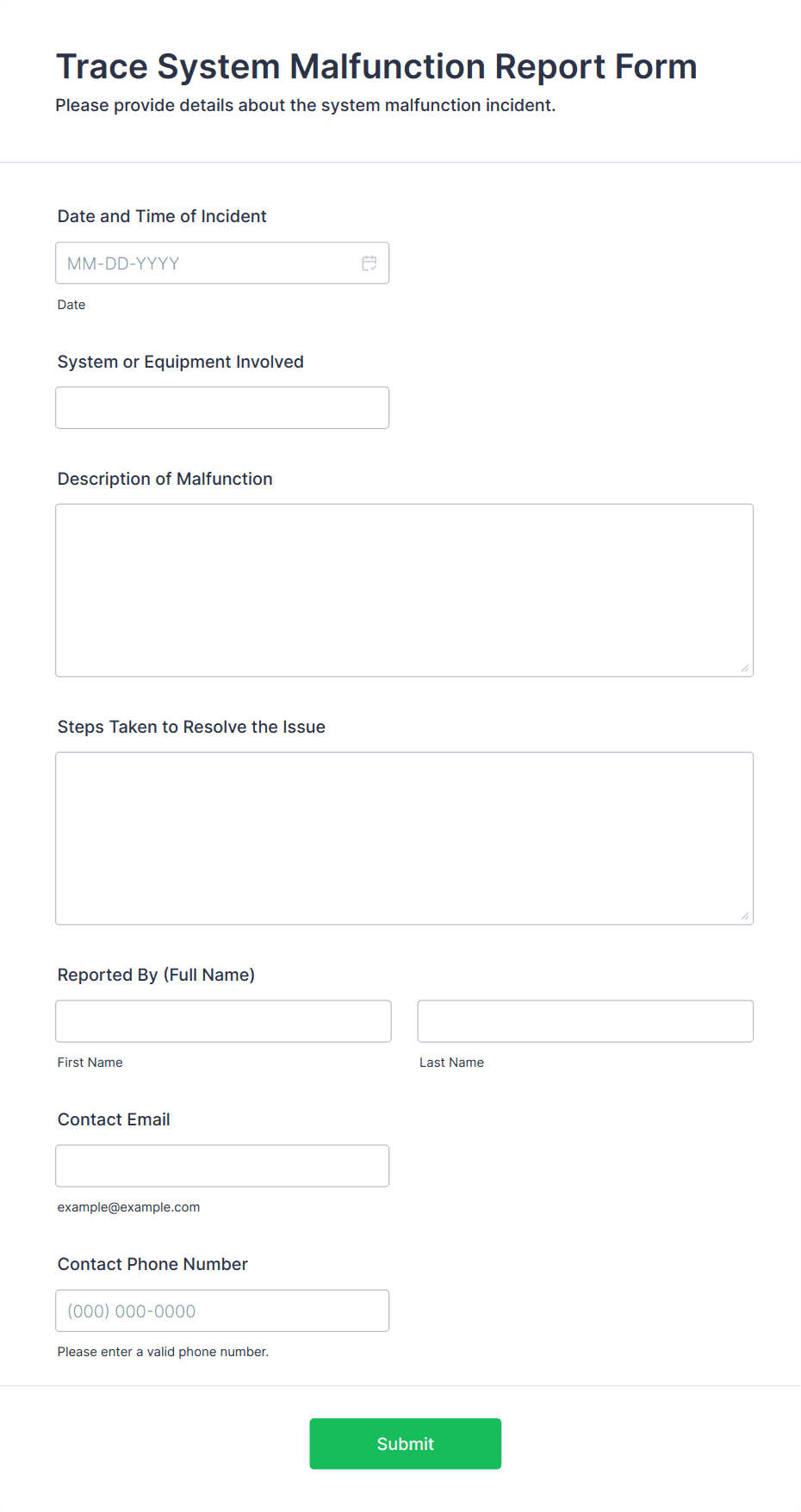 Trace System Malfunction Report Form Template | Jotform