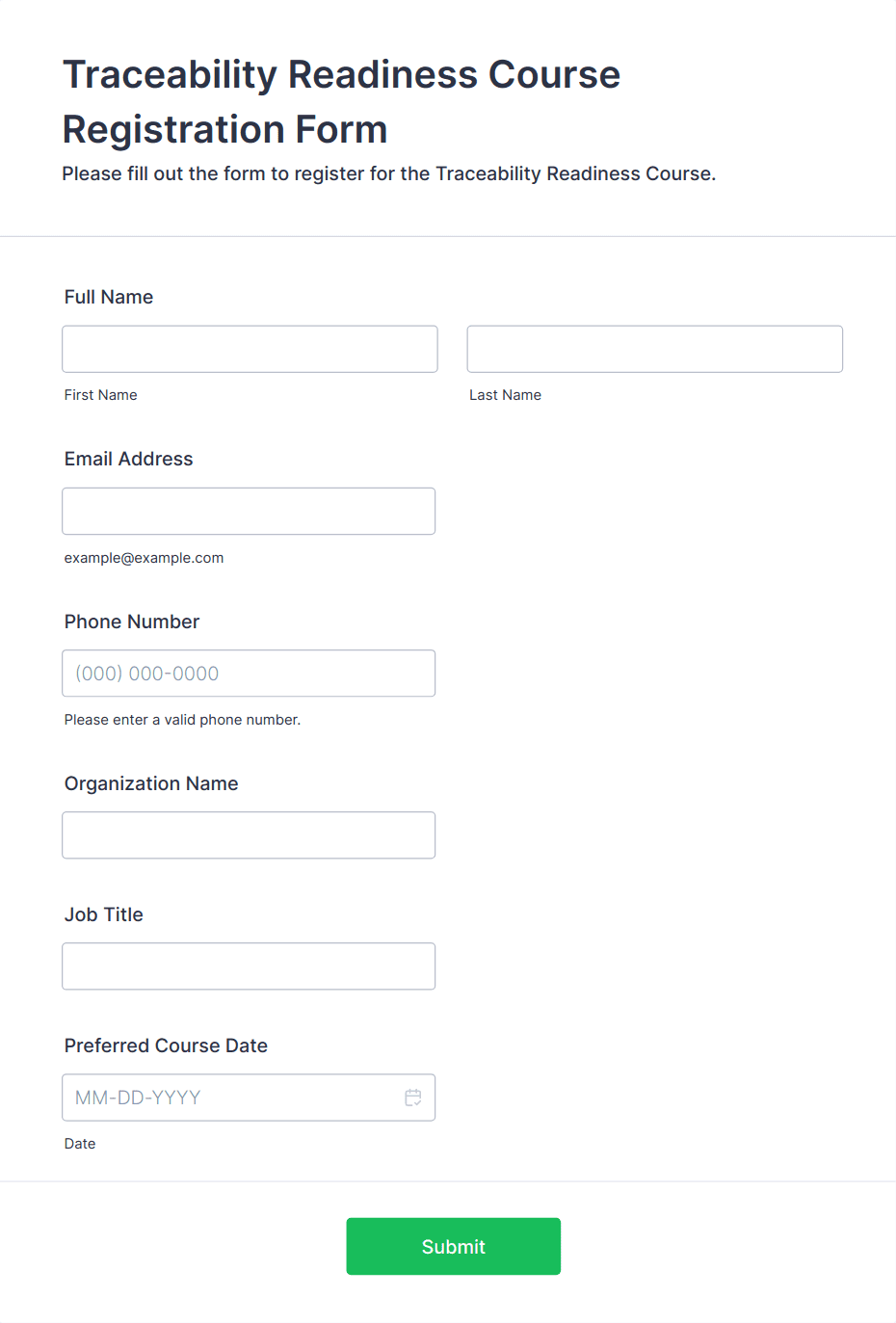 Traceability Readiness Course Registration Form Template | Jotform