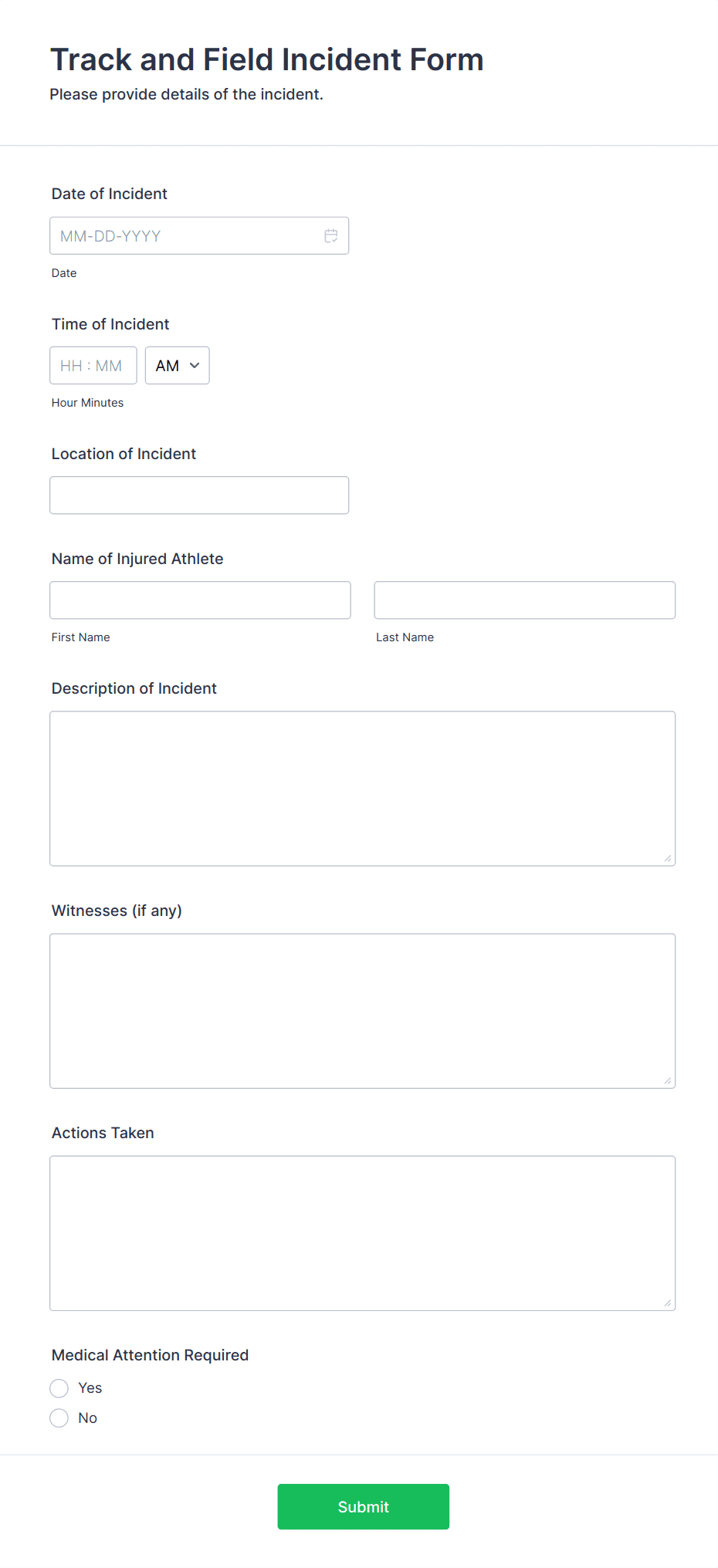 Track and Field Incident Form Template | Jotform