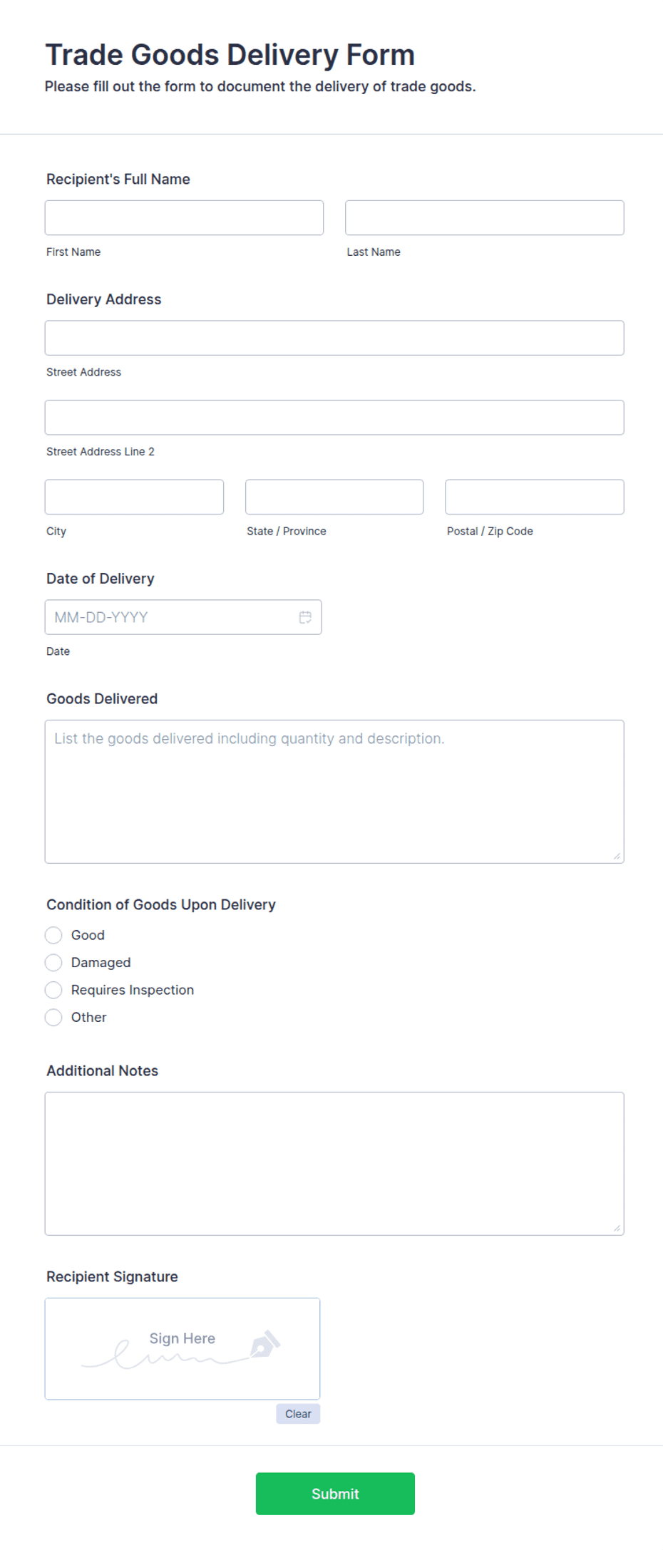 Trade Goods Delivery Form Template | Jotform