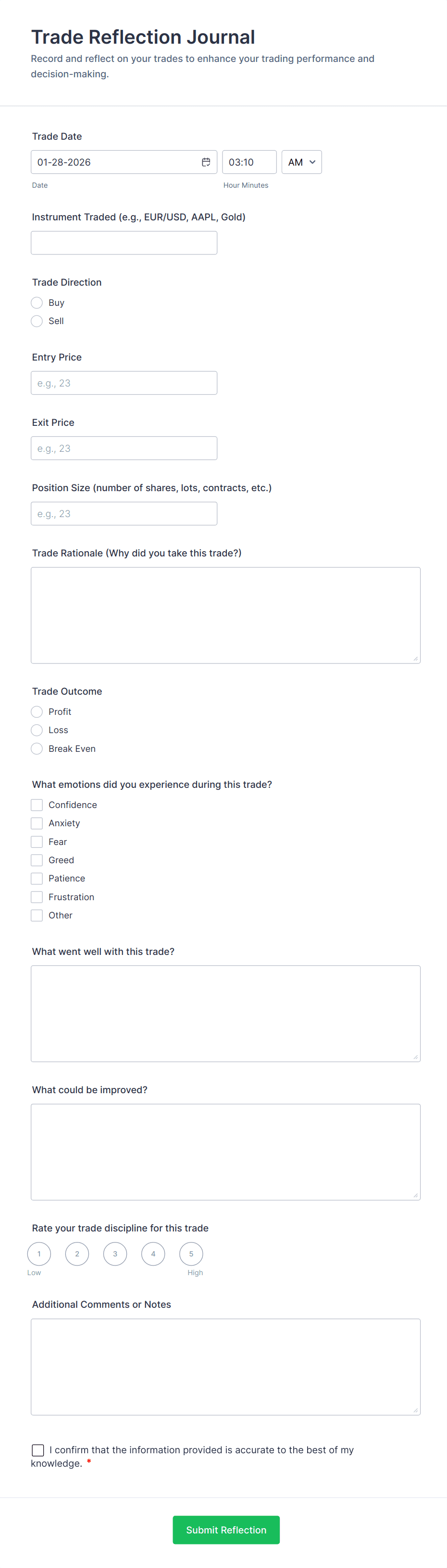 Trade Reflection Journal Form Template | Jotform