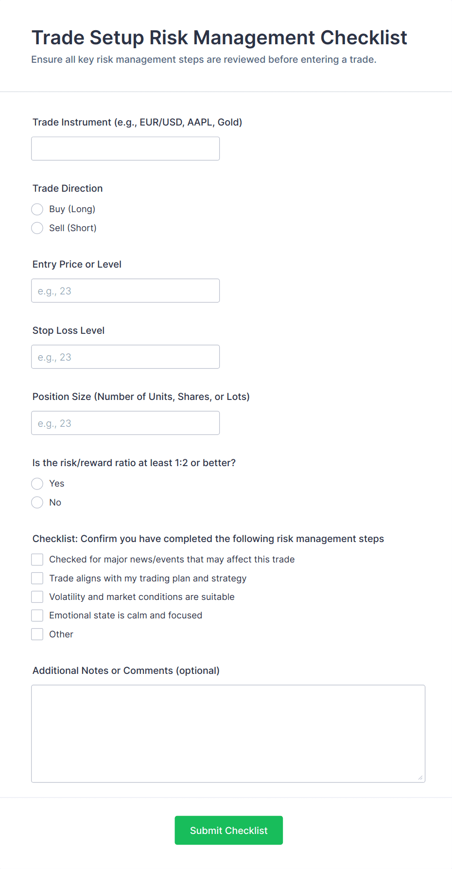 Trade Setup Risk Management Checklist Form Template | Jotform