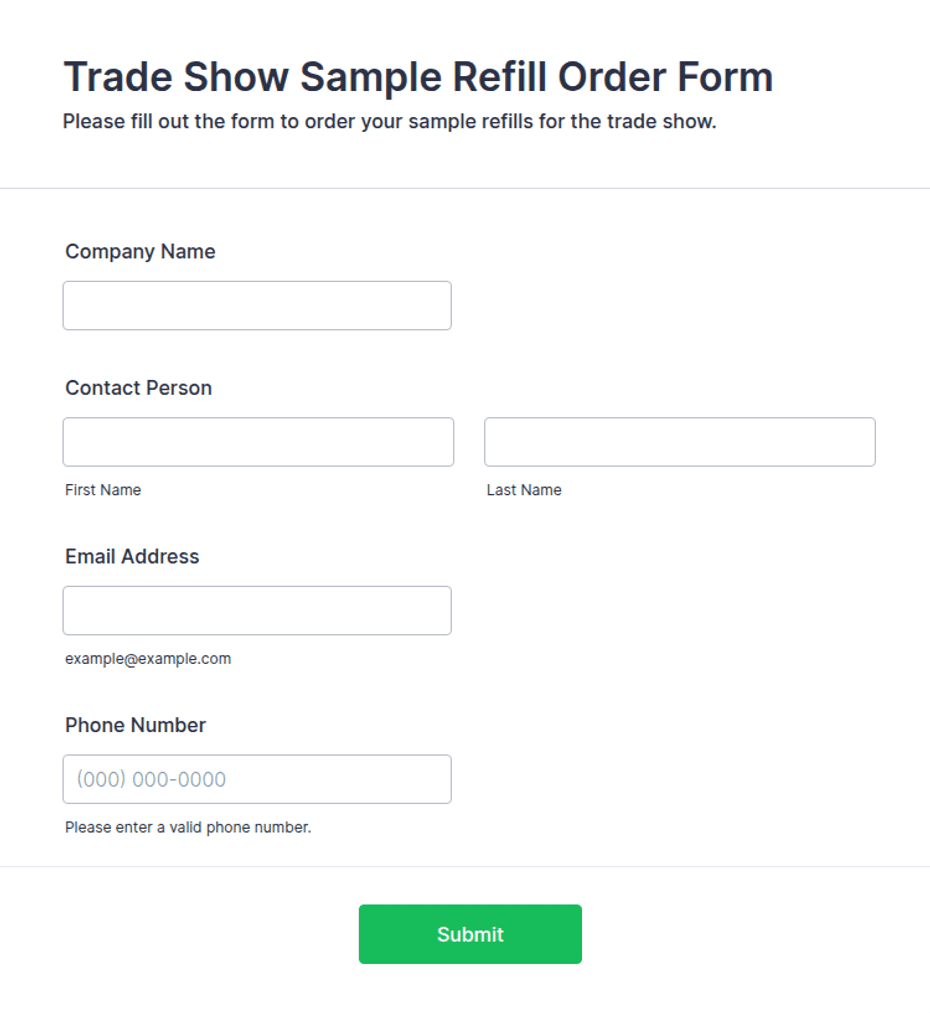 Trade Show Sample Refill Order Form Template | Jotform