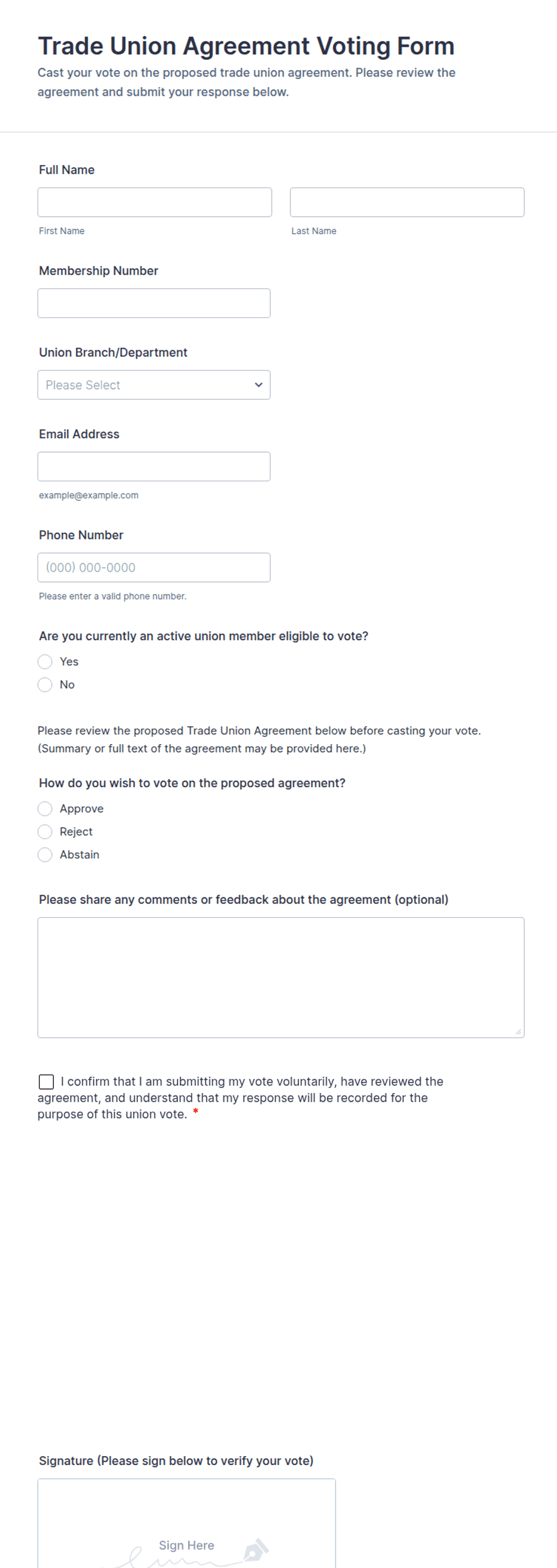 Trade Union Agreement Voting Form Template | Jotform
