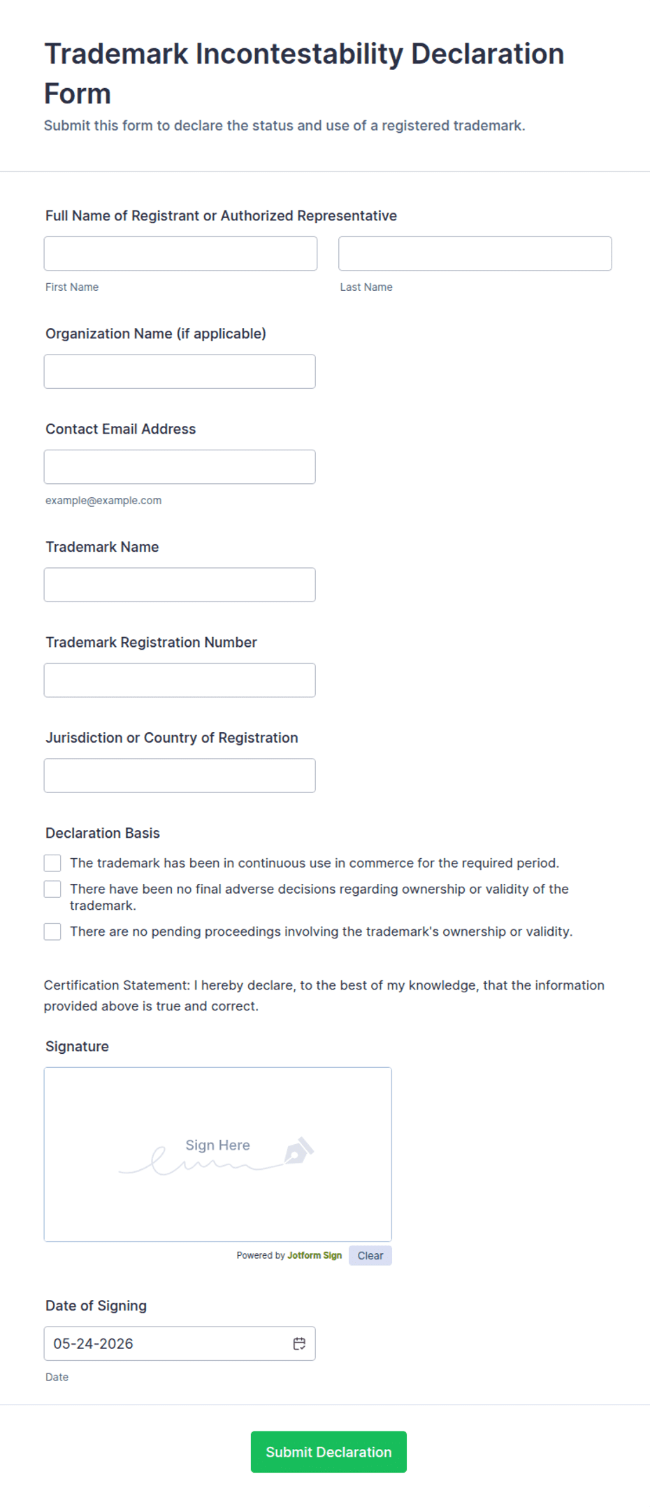 Trademark Incontestability Declaration Form Template | Jotform