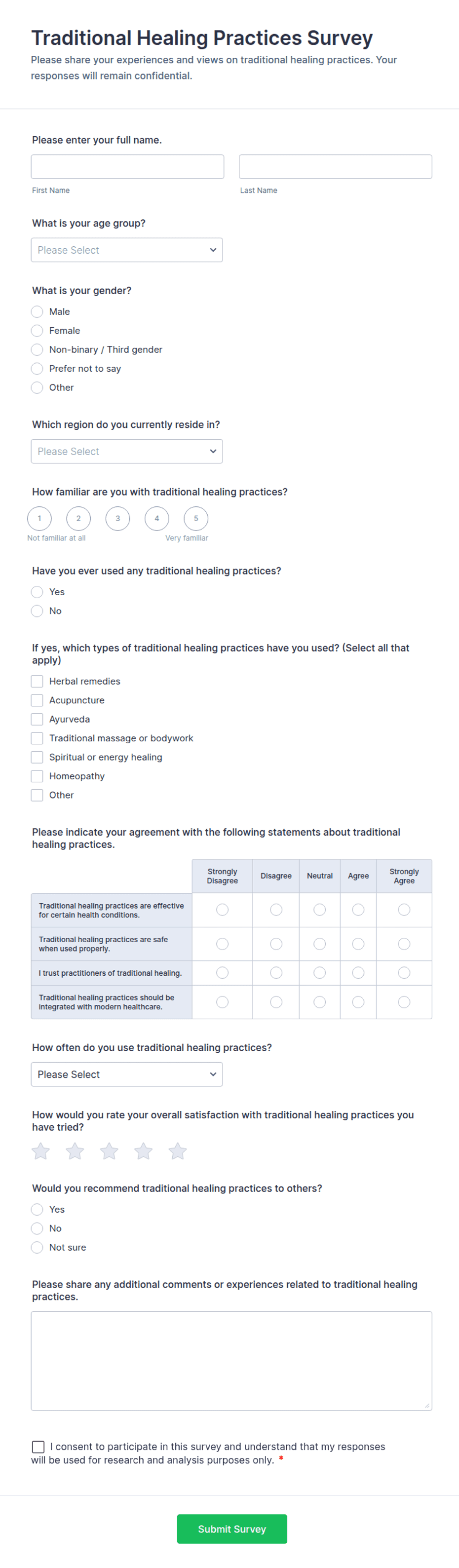 Traditional Healing Practices Survey Form Template | Jotform