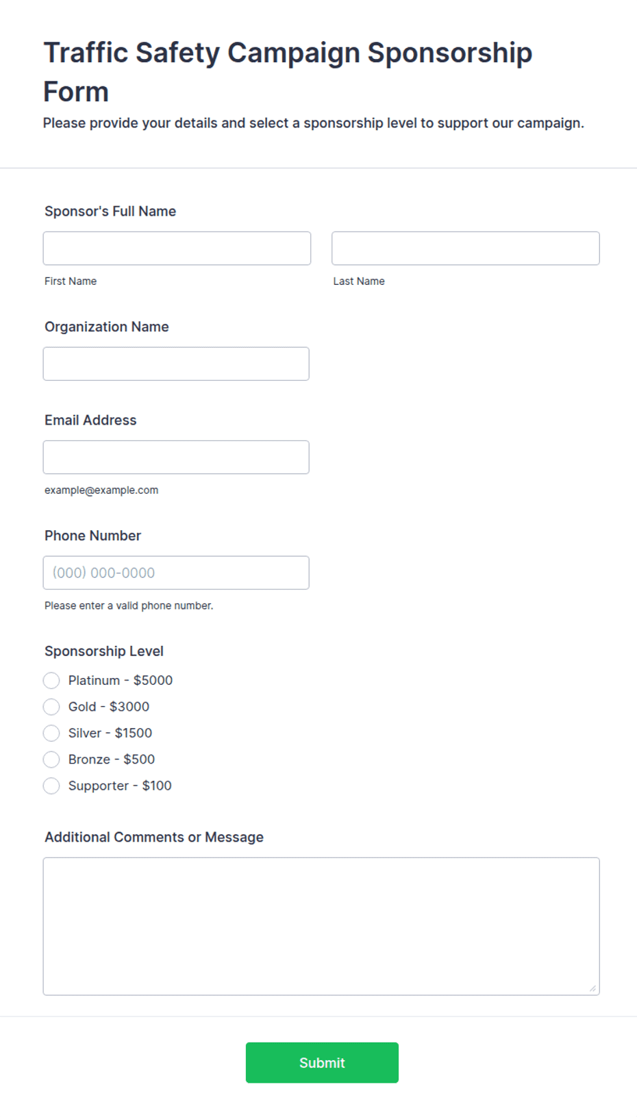 Traffic Safety Campaign Sponsorship Form Template | Jotform
