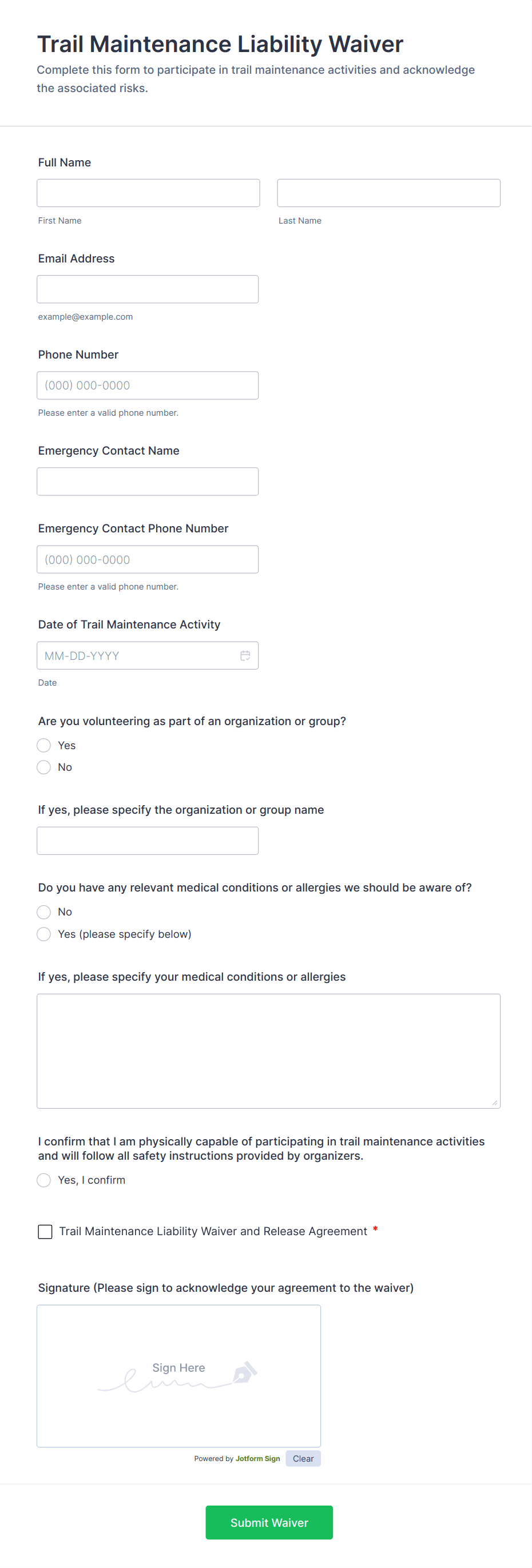 Trail Maintenance Liability Waiver Form Template | Jotform