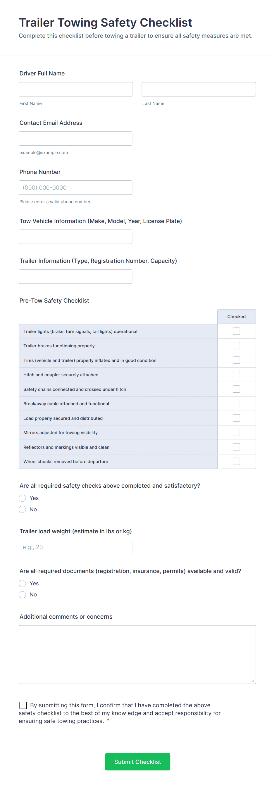 Trailer Towing Safety Checklist Form Template | Jotform