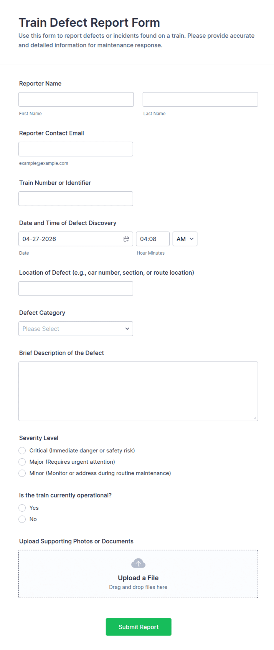 Train Defect Report Form Template | Jotform