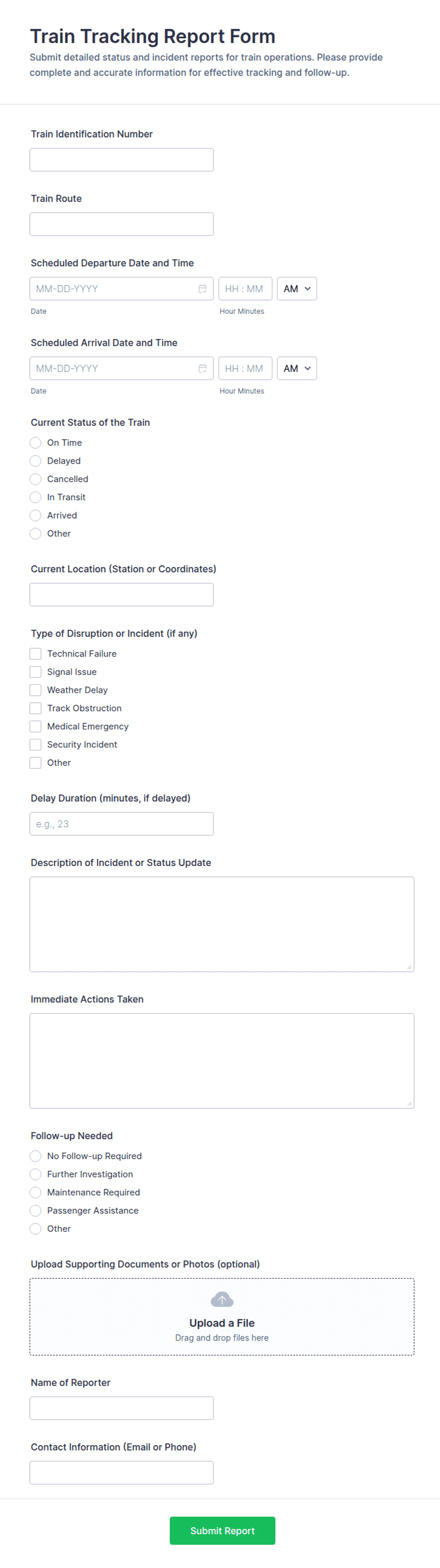 Train Tracking Report Form Template | Jotform