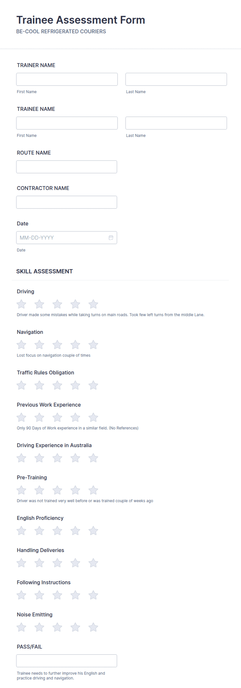 Trainee Assessment Form Template | Jotform
