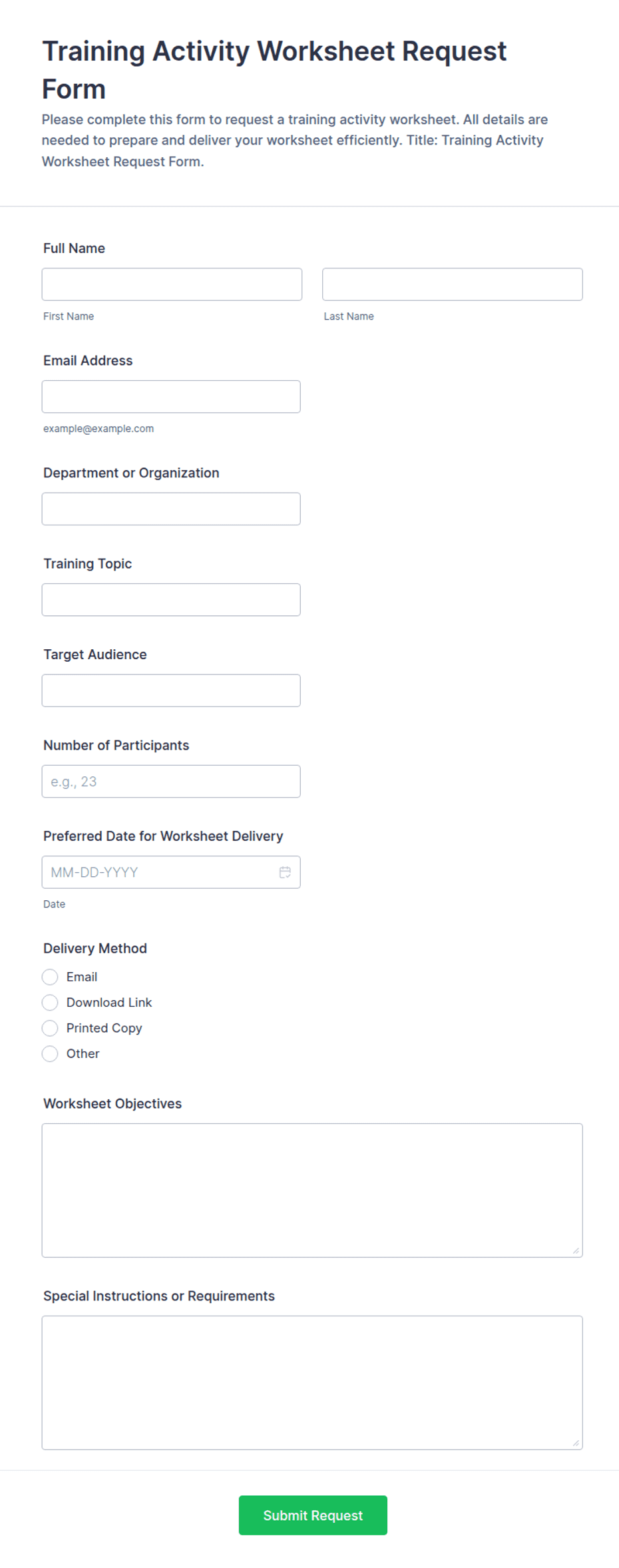 Training Activity Worksheet Request Form Template | Jotform