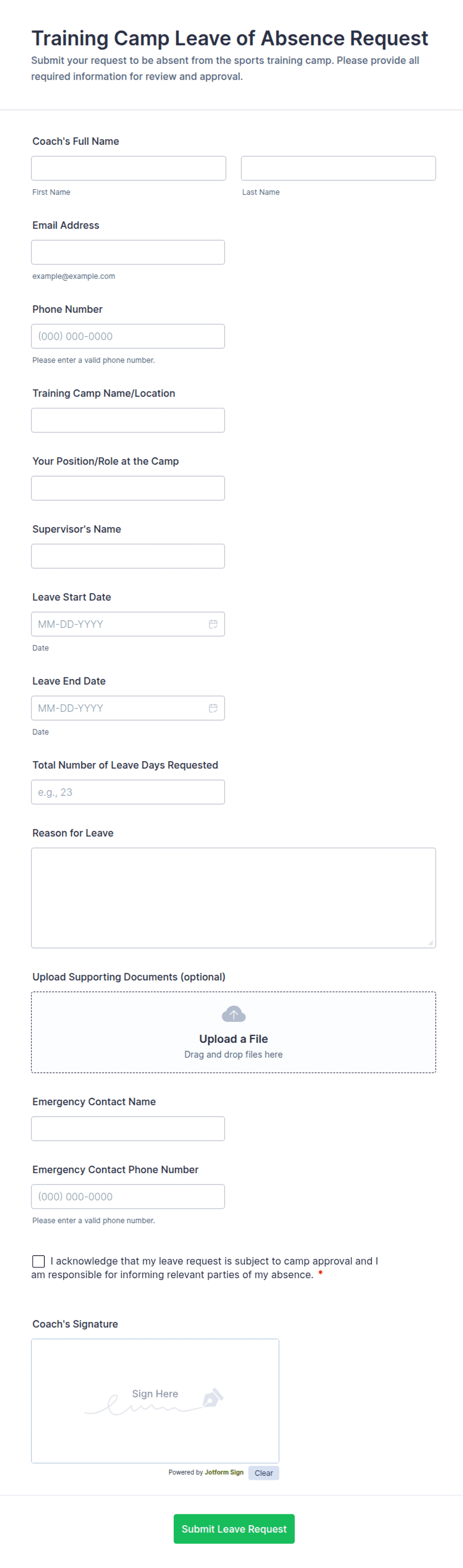 Training Camp Leave of Absence Request Form Template | Jotform