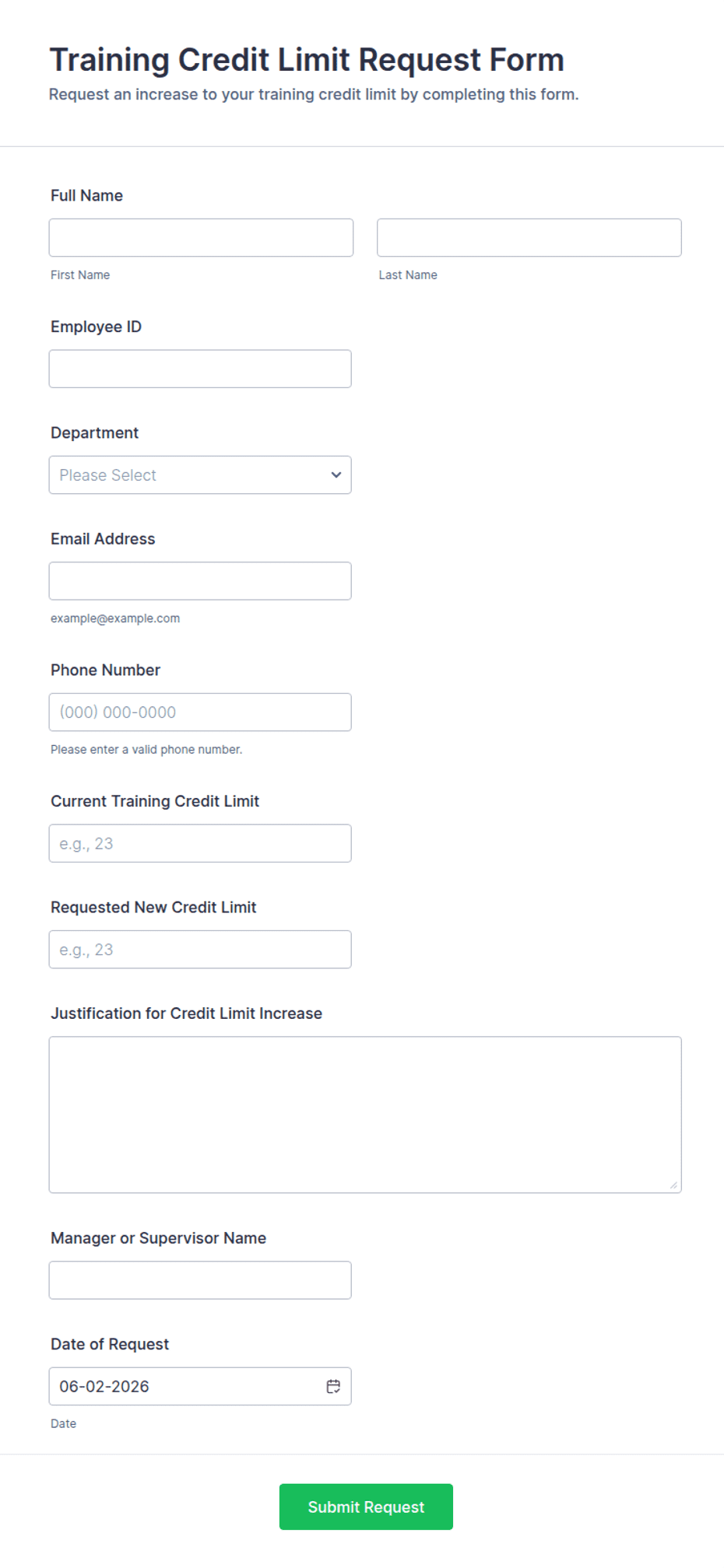 Training Credit Limit Request Form Template | Jotform